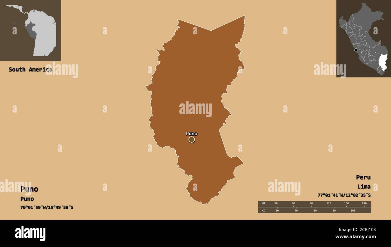 Shape of Puno, region of Peru, and its capital. Distance scale ...