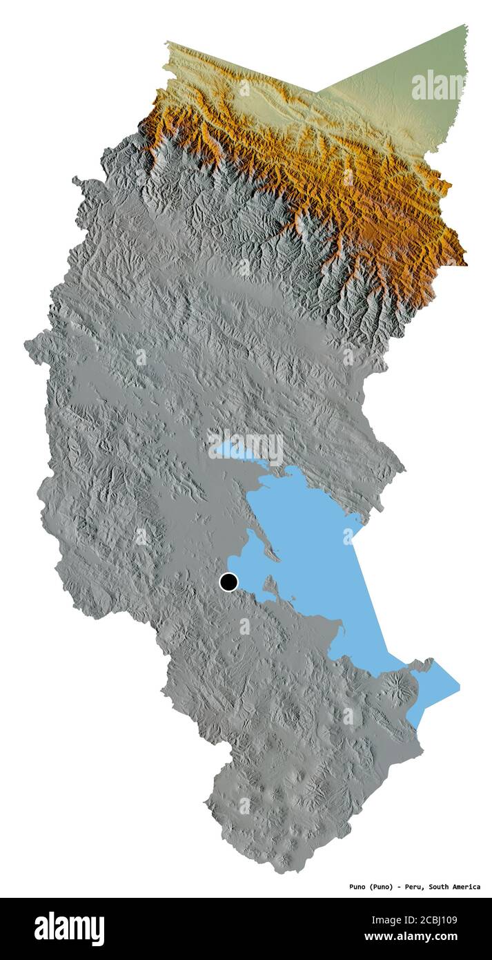Shape of Puno, region of Peru, with its capital isolated on white ...