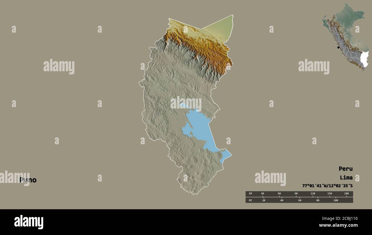Shape of Puno, region of Peru, with its capital isolated on solid ...