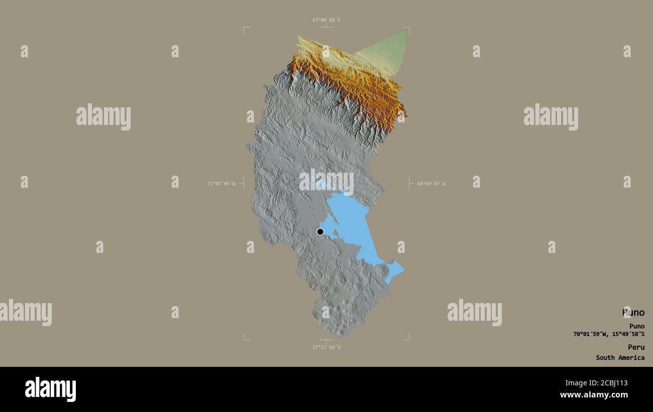 Area of Puno, region of Peru, isolated on a solid background in a ...