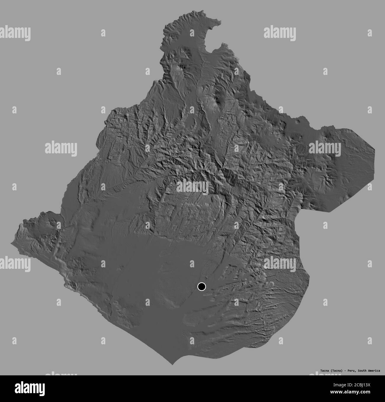 Shape of Tacna, region of Peru, with its capital isolated on a solid ...