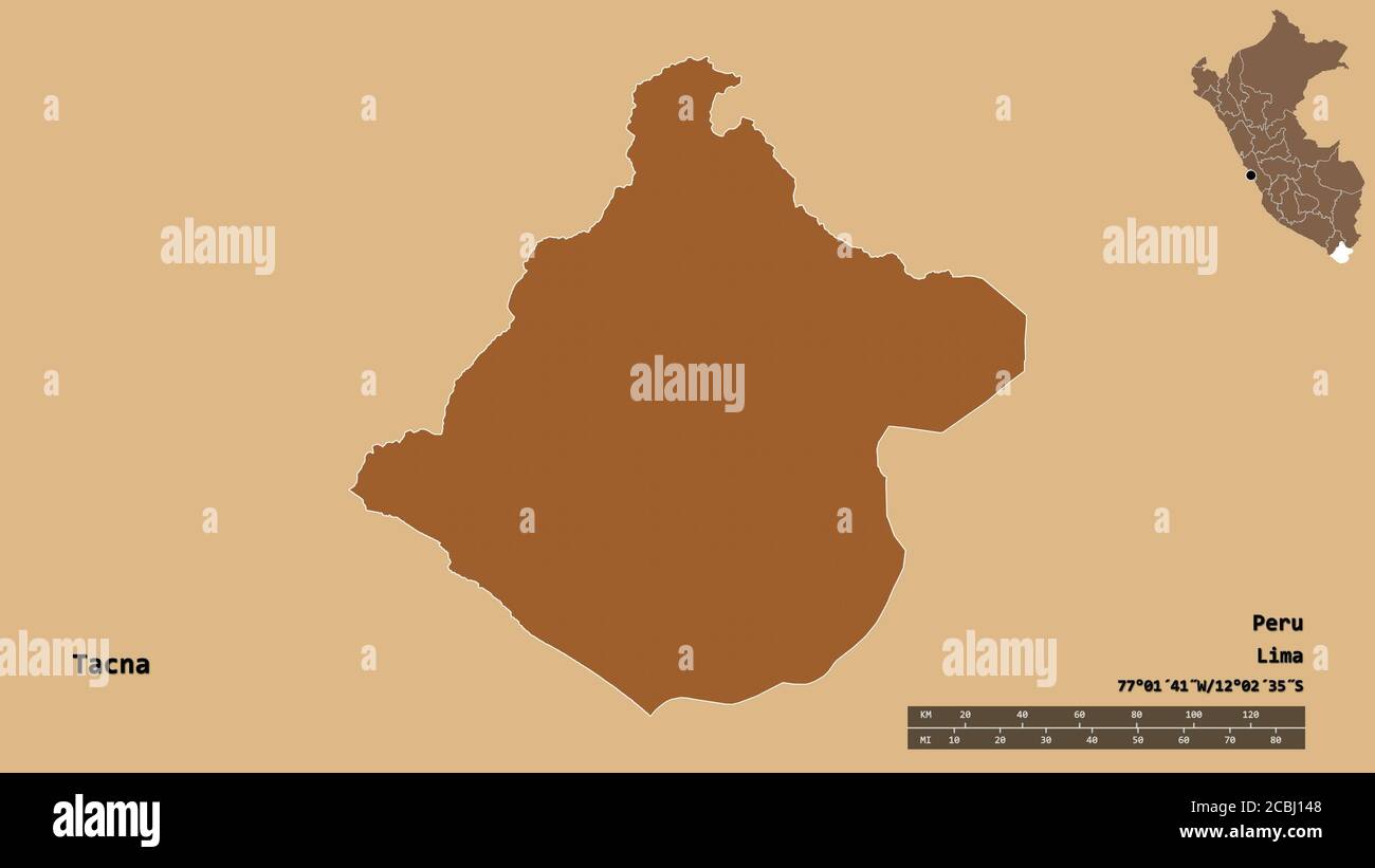 Shape of Tacna, region of Peru, with its capital isolated on solid ...