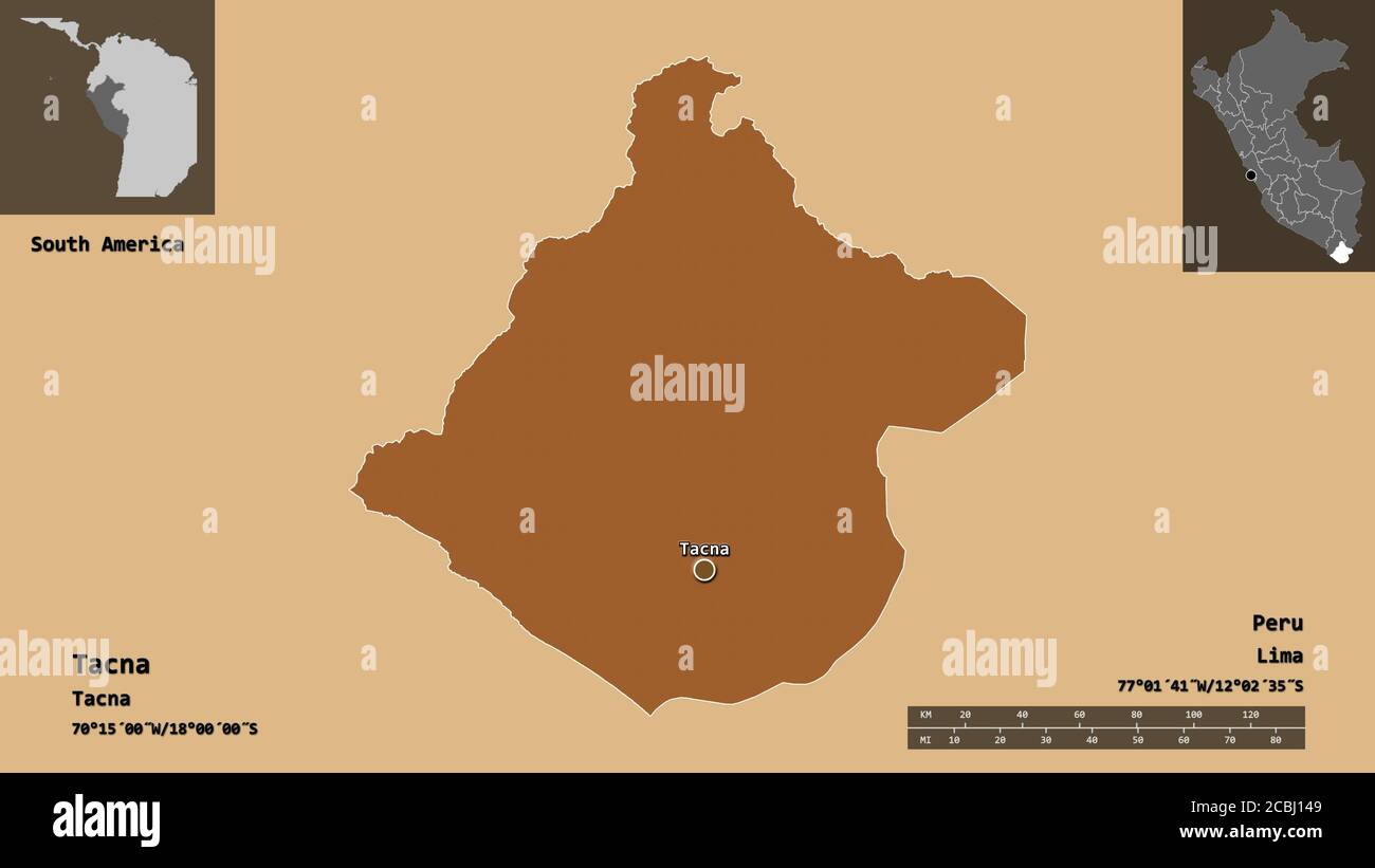 Shape of Tacna, region of Peru, and its capital. Distance scale ...