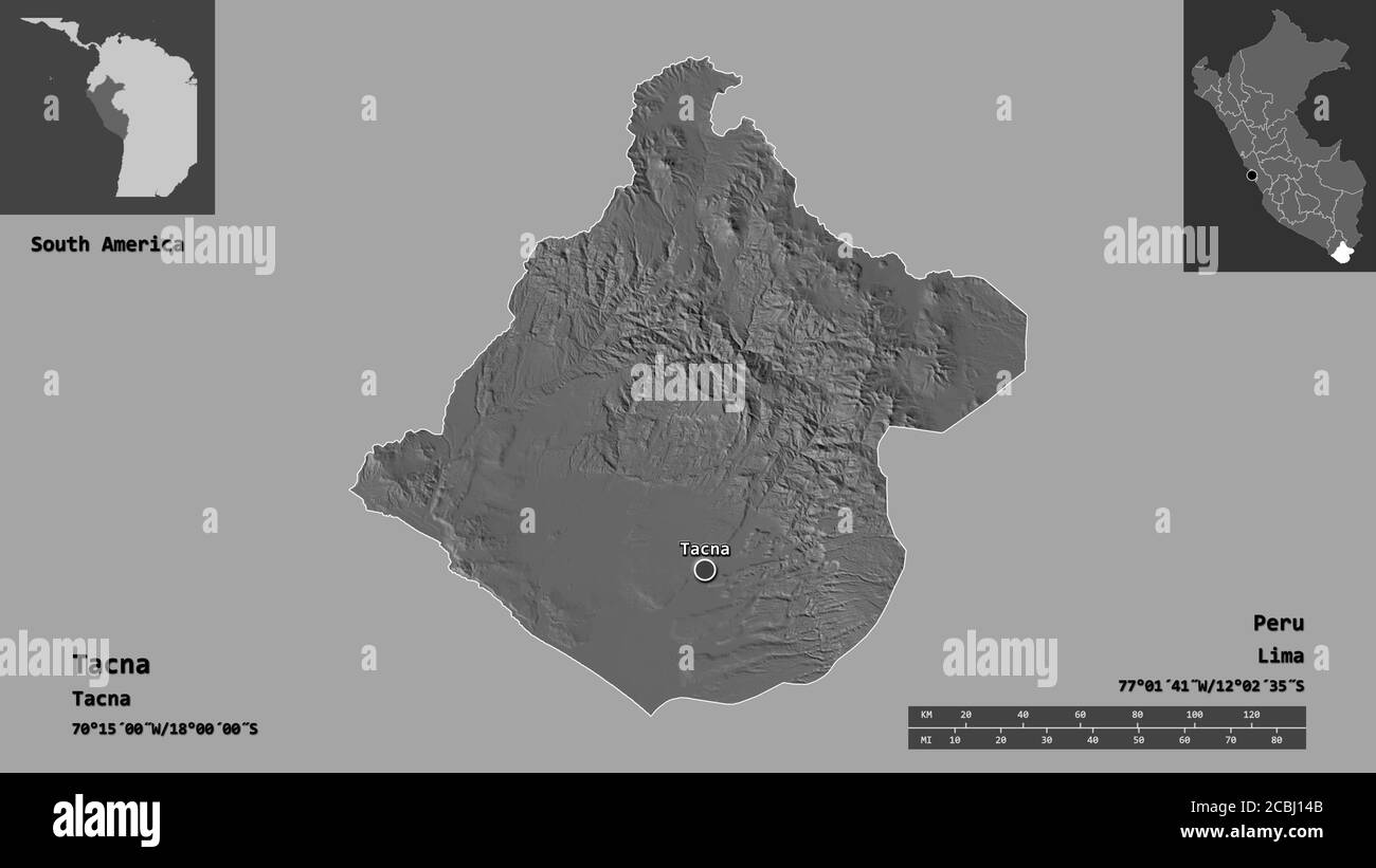 Shape of Tacna, region of Peru, and its capital. Distance scale ...
