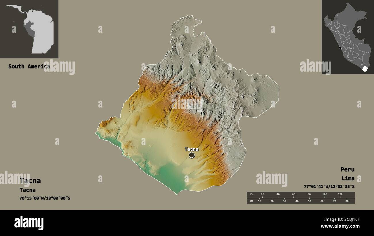 Shape of Tacna, region of Peru, and its capital. Distance scale ...