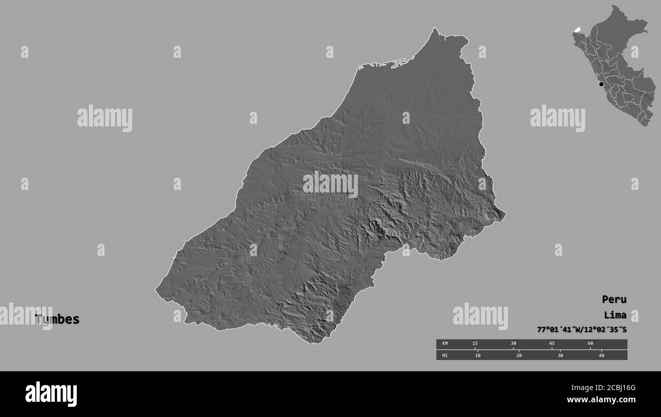 Shape of Tumbes, region of Peru, with its capital isolated on solid ...