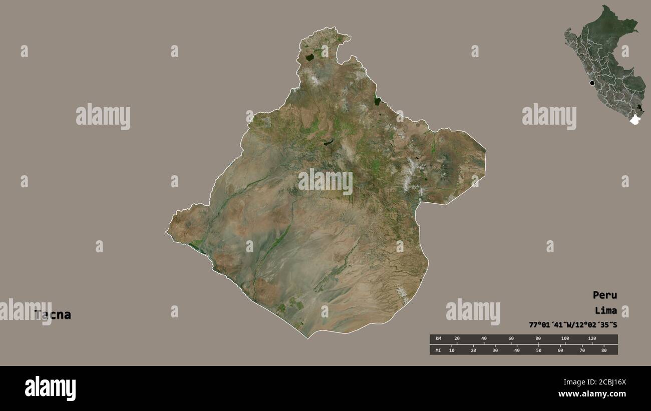 Shape of Tacna, region of Peru, with its capital isolated on solid ...