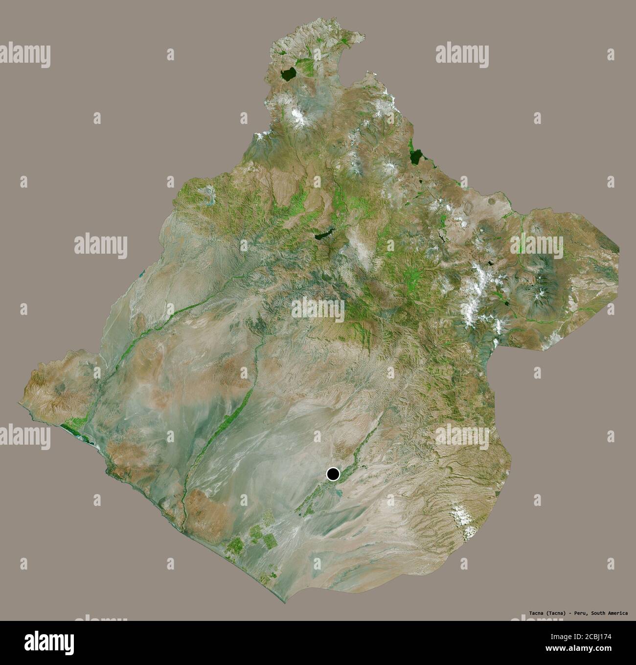 Shape of Tacna, region of Peru, with its capital isolated on a solid ...