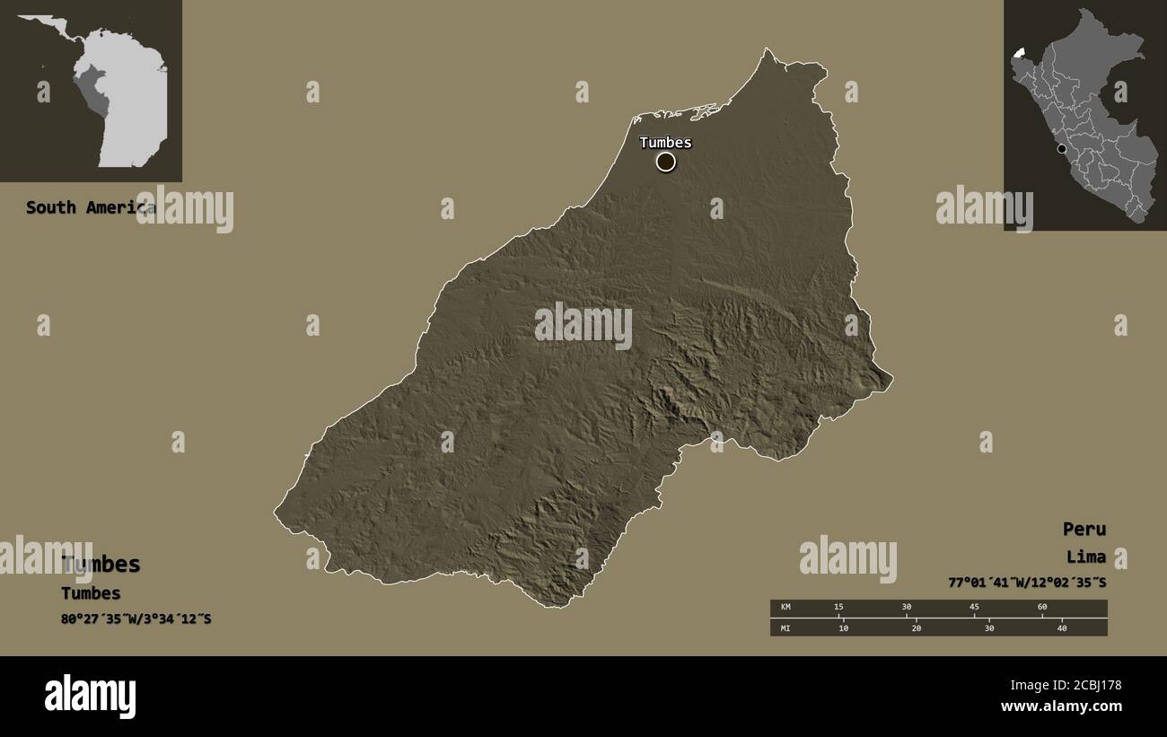 Shape of Tumbes, region of Peru, and its capital. Distance scale ...