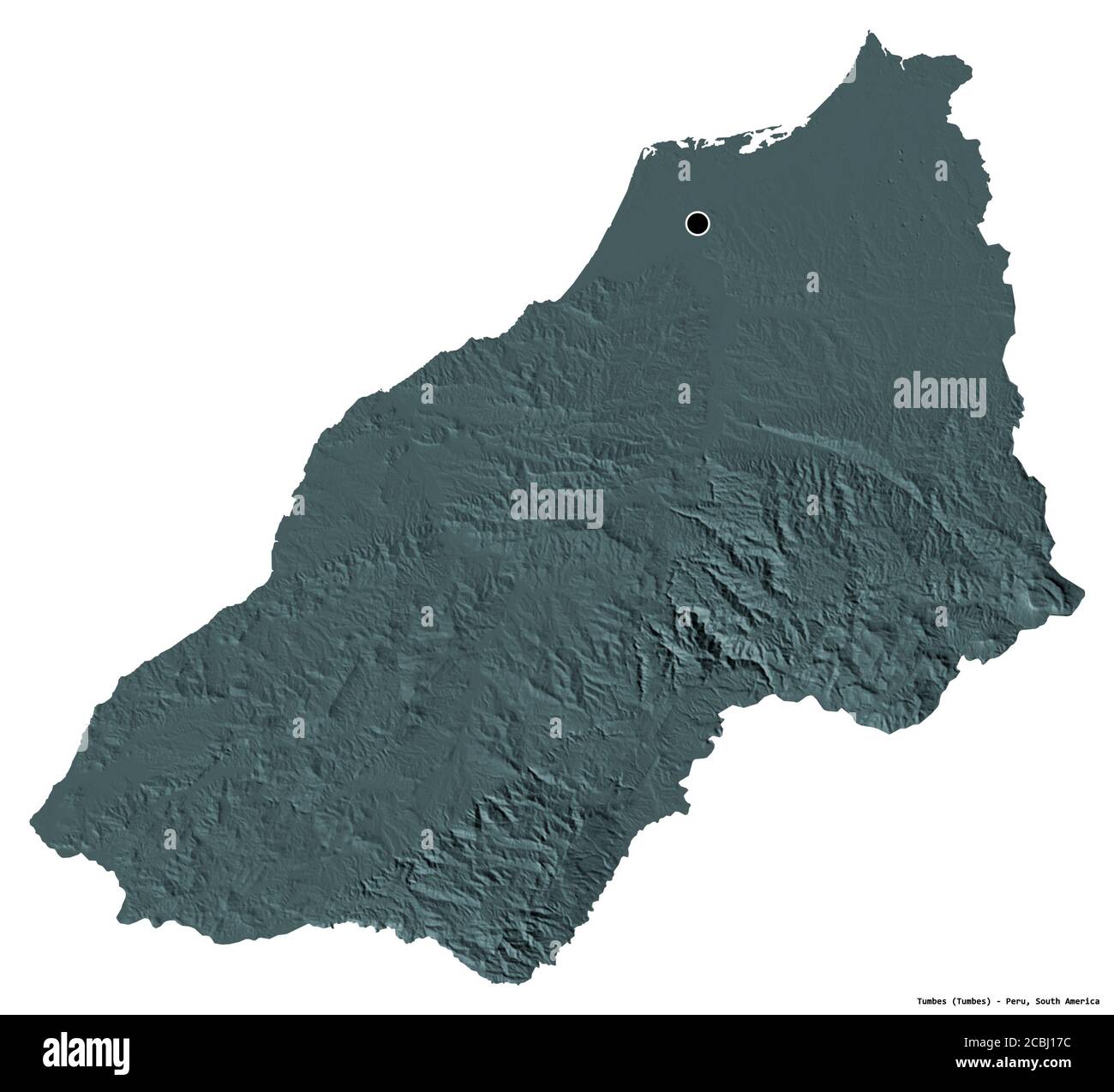 Shape of Tumbes, region of Peru, with its capital isolated on white ...