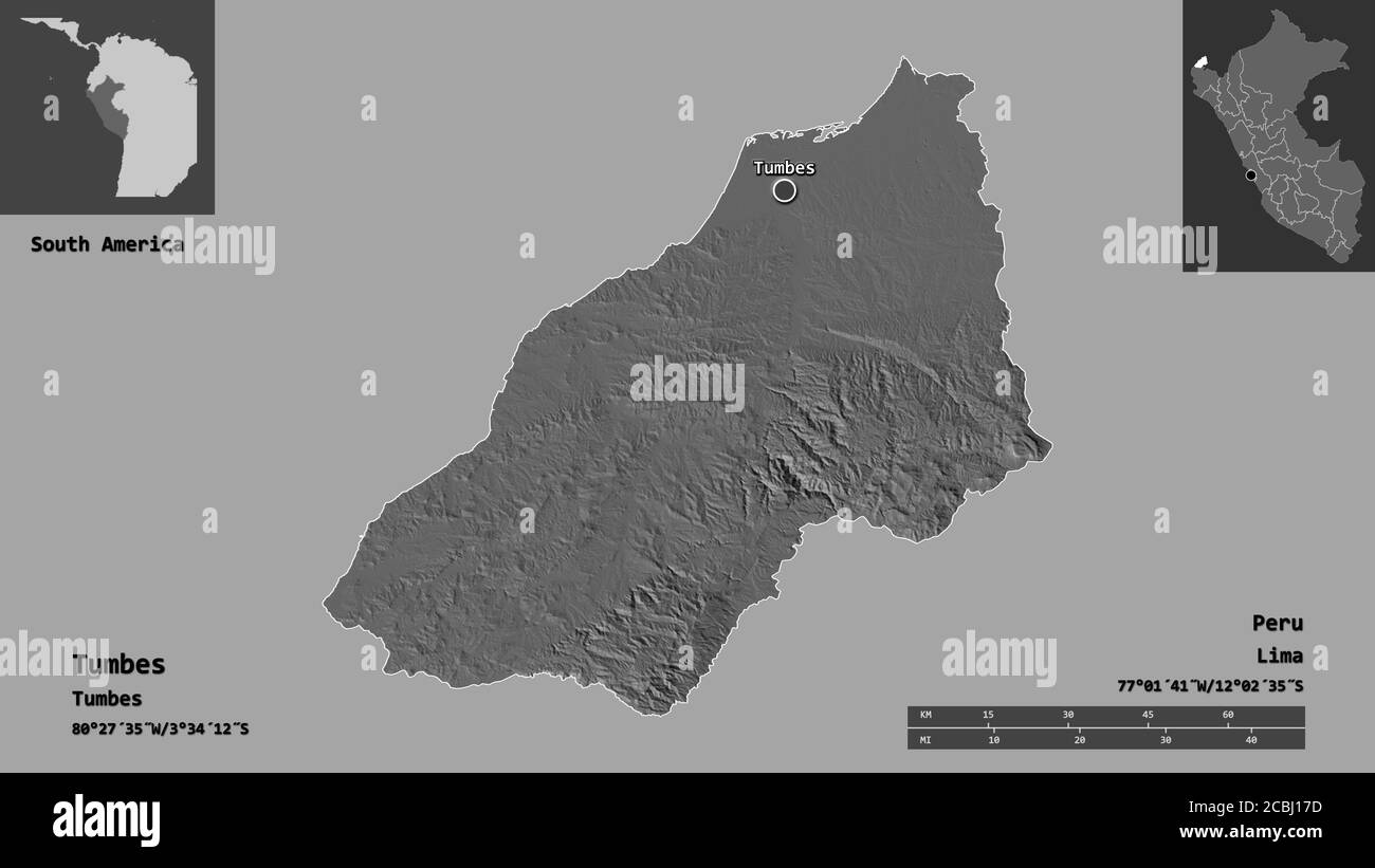 Shape of Tumbes, region of Peru, and its capital. Distance scale ...