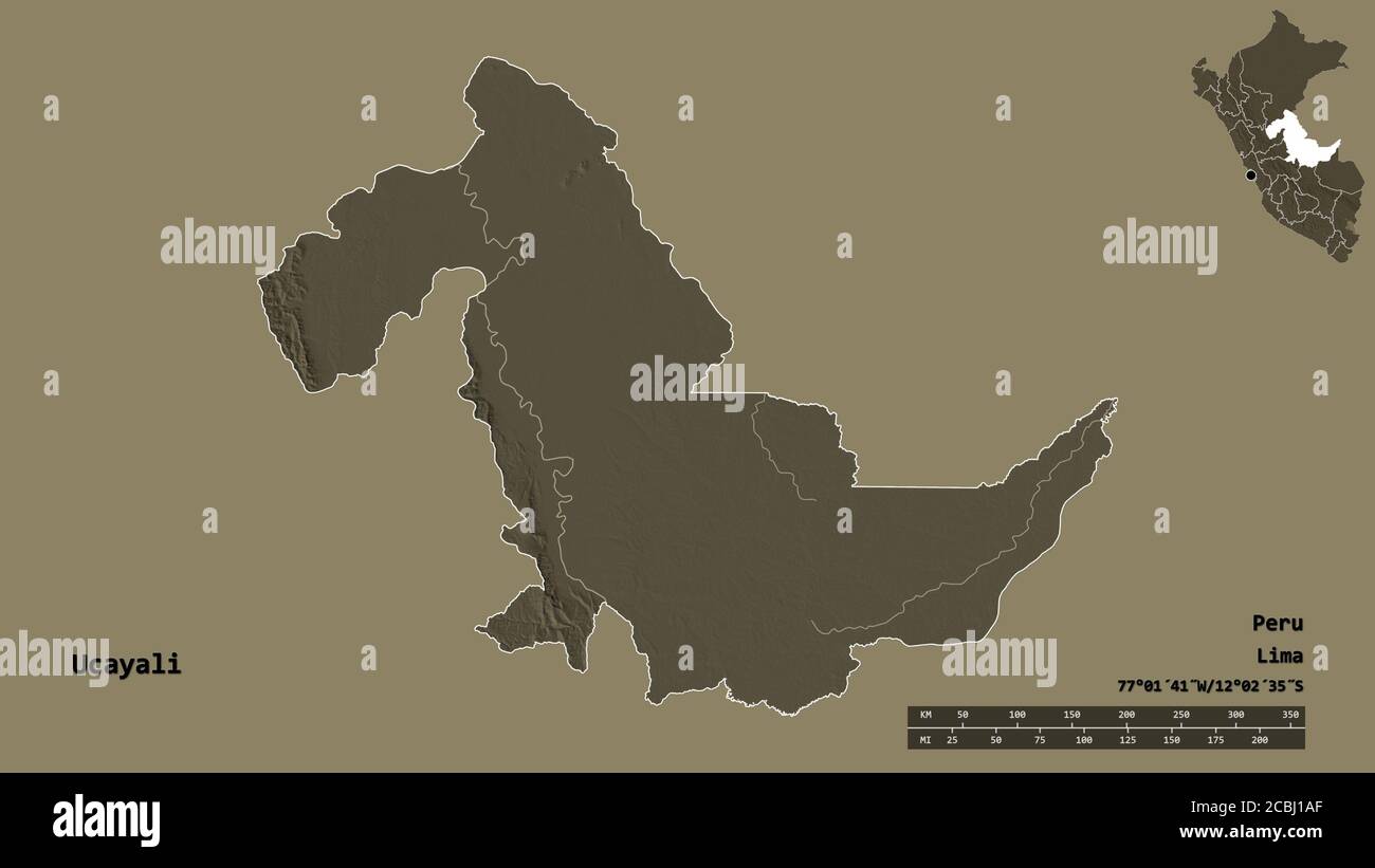 Shape of Ucayali, region of Peru, with its capital isolated on solid ...