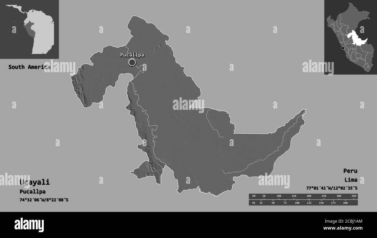 Shape of Ucayali, region of Peru, and its capital. Distance scale ...