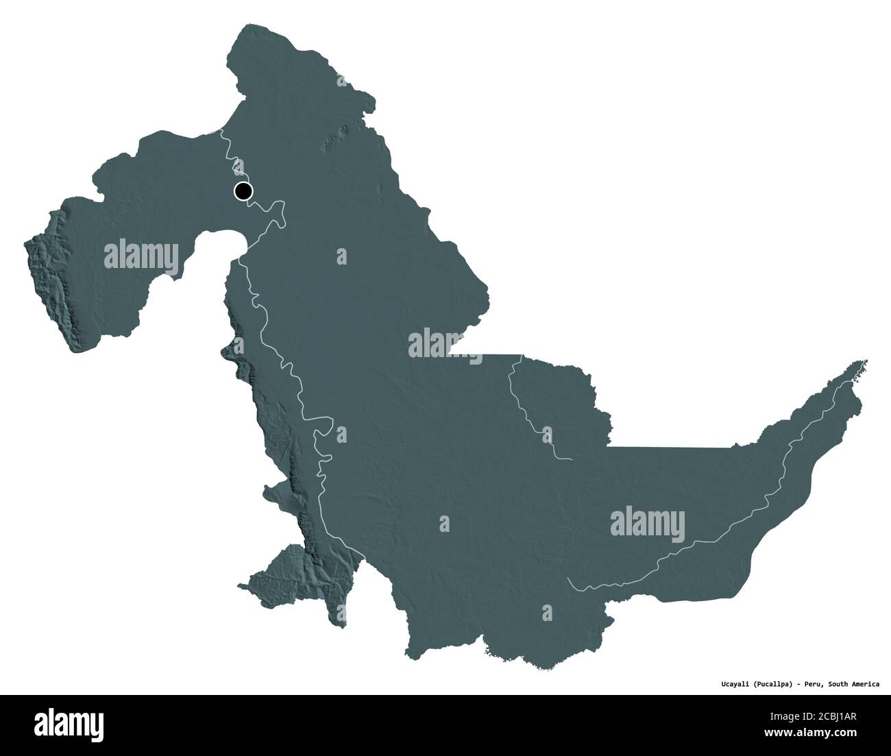 Shape of Ucayali, region of Peru, with its capital isolated on white ...