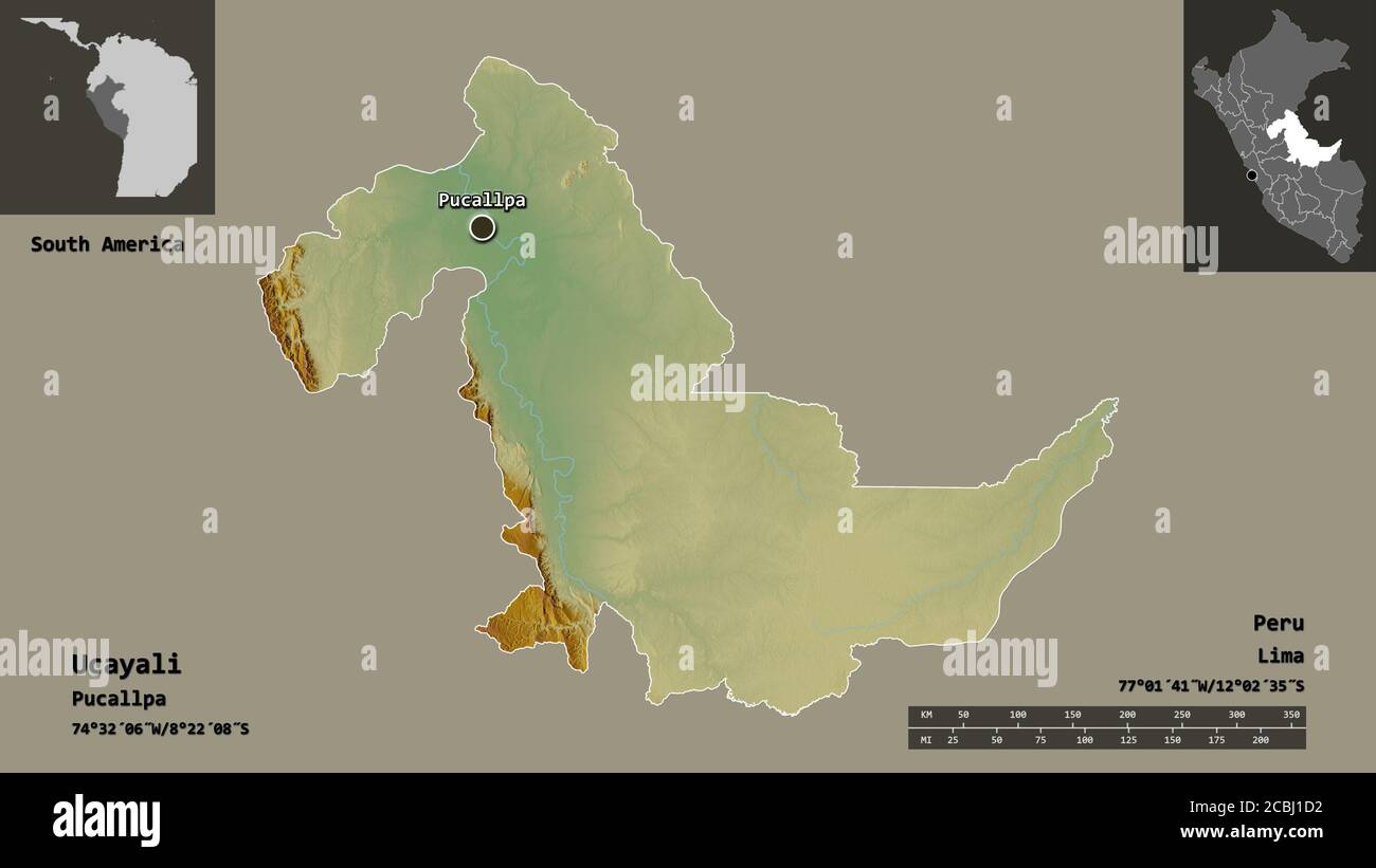 Shape of Ucayali, region of Peru, and its capital. Distance scale ...