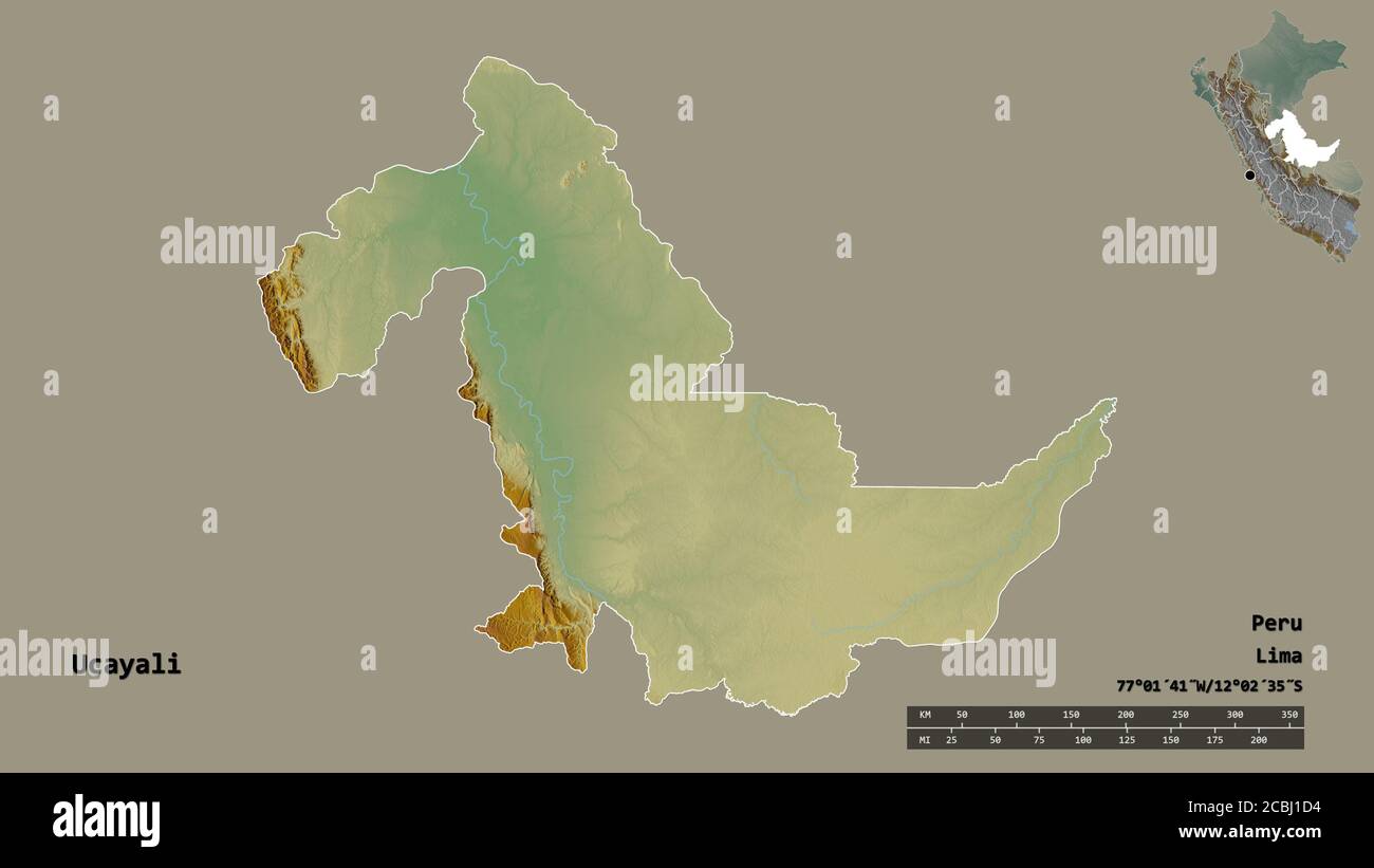 Shape of Ucayali, region of Peru, with its capital isolated on solid ...