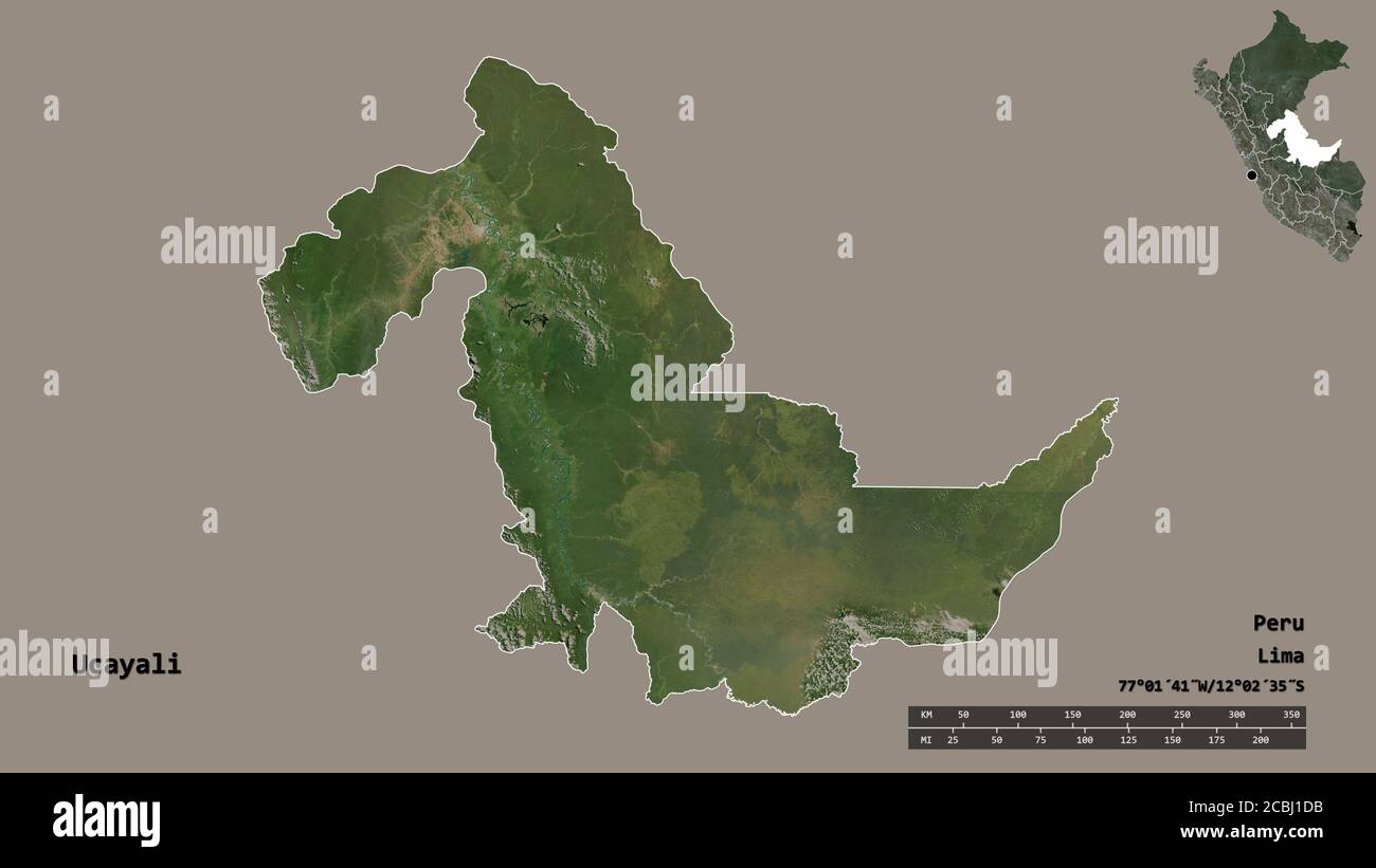 Shape of Ucayali, region of Peru, with its capital isolated on solid ...