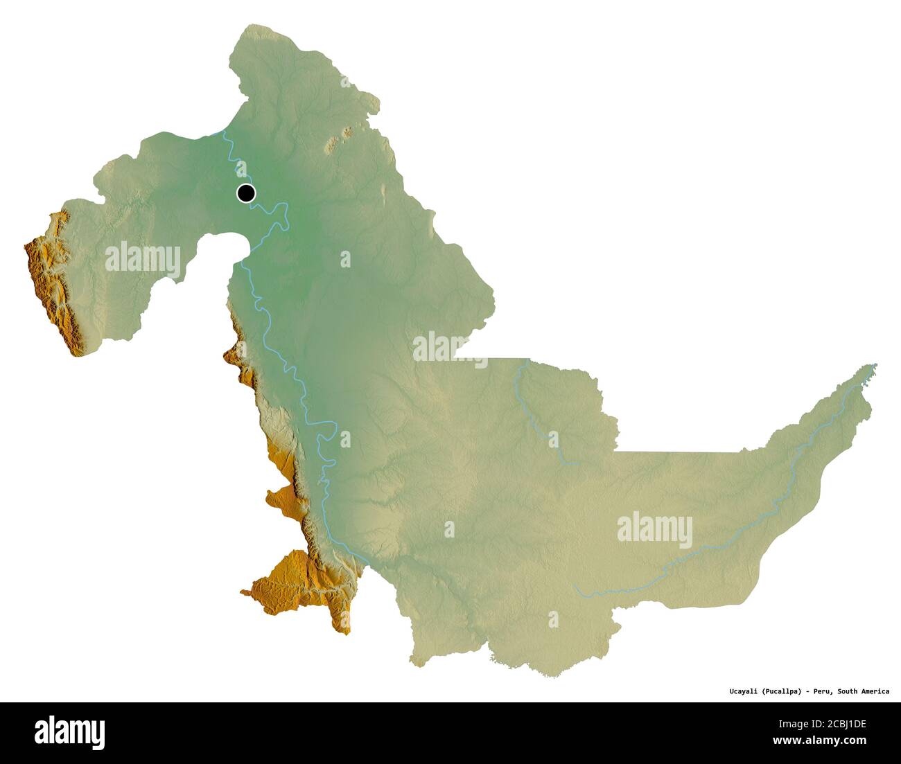 Shape of Ucayali, region of Peru, with its capital isolated on white ...