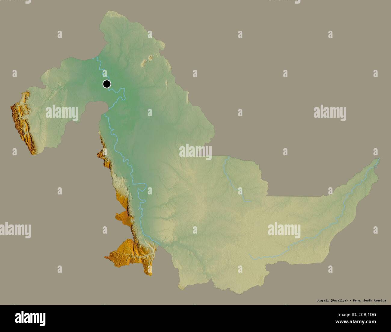 Shape of Ucayali, region of Peru, with its capital isolated on a solid ...