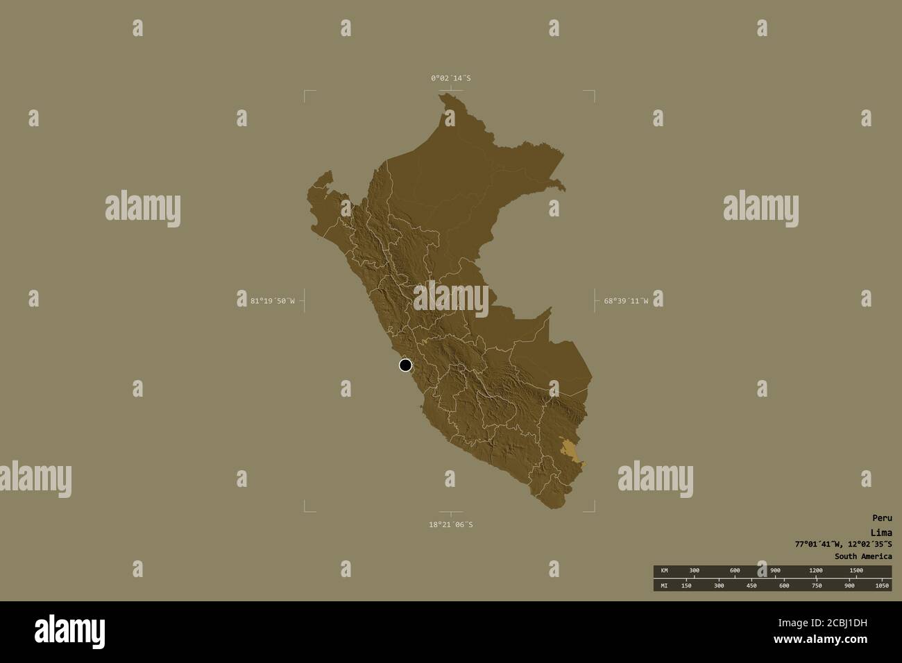 Area of Peru isolated on a solid background in a georeferenced bounding ...