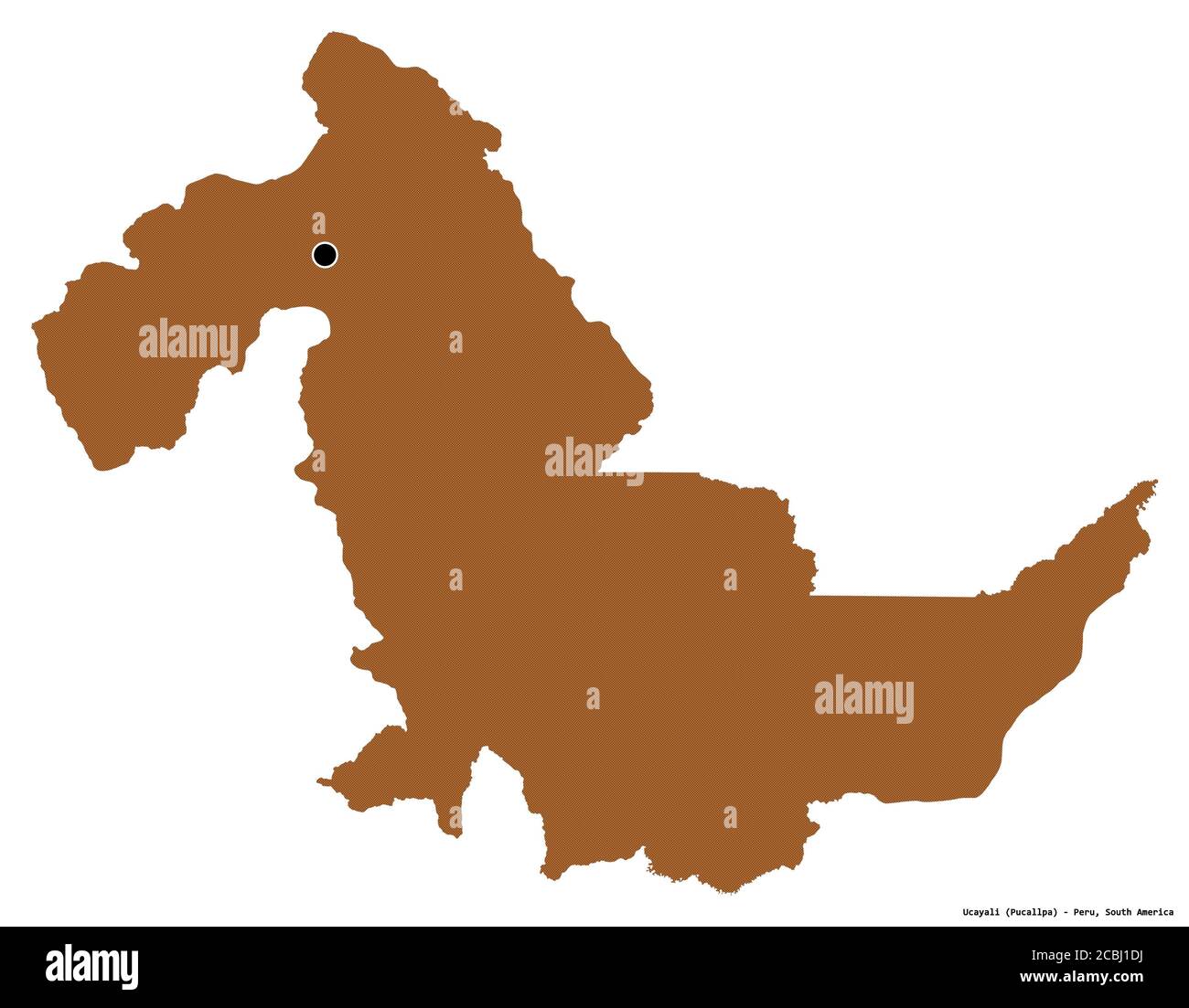 Shape of Ucayali, region of Peru, with its capital isolated on white ...