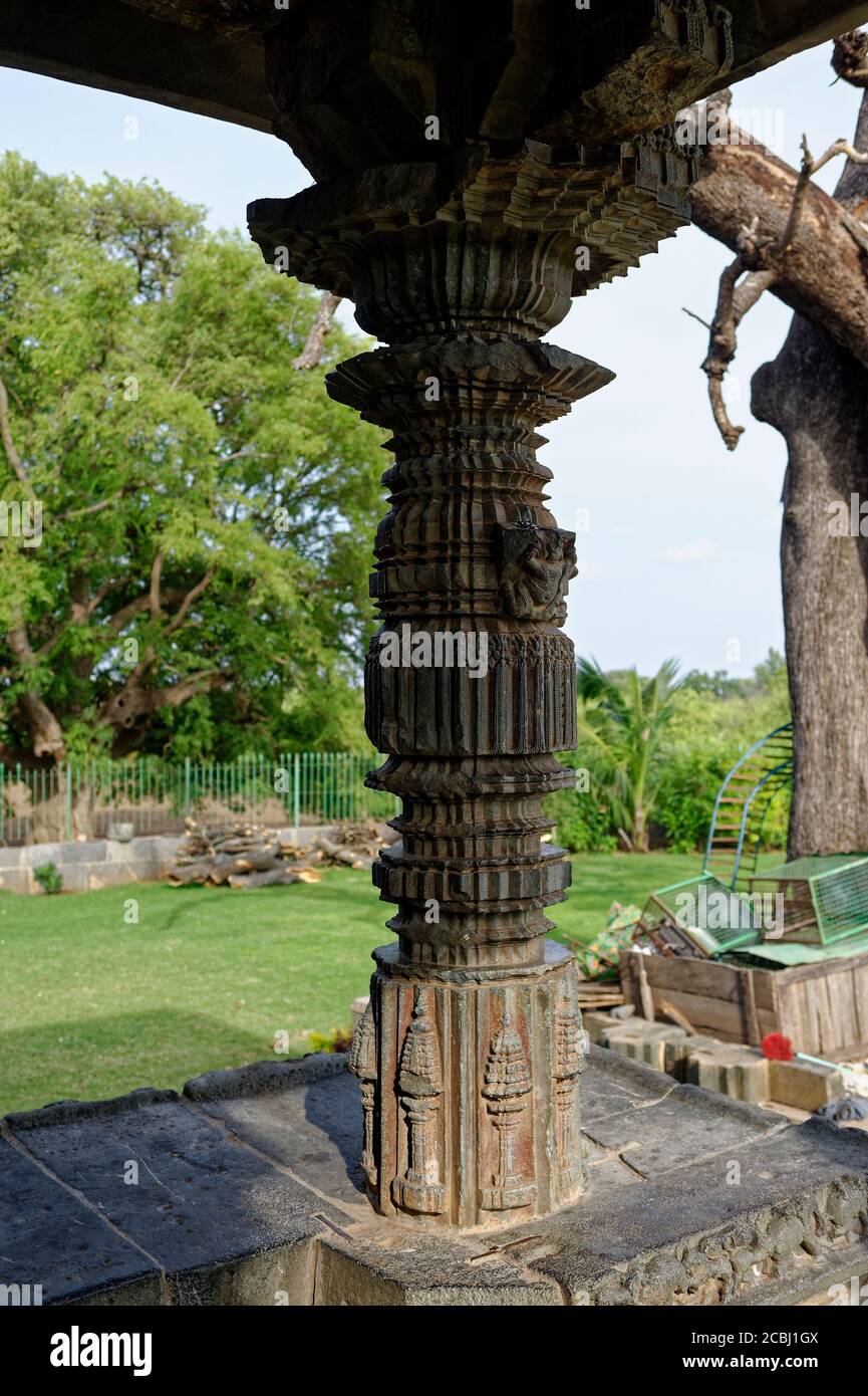 Half pillar supports the roof of the porch at Doddabasappa Temple Stock ...