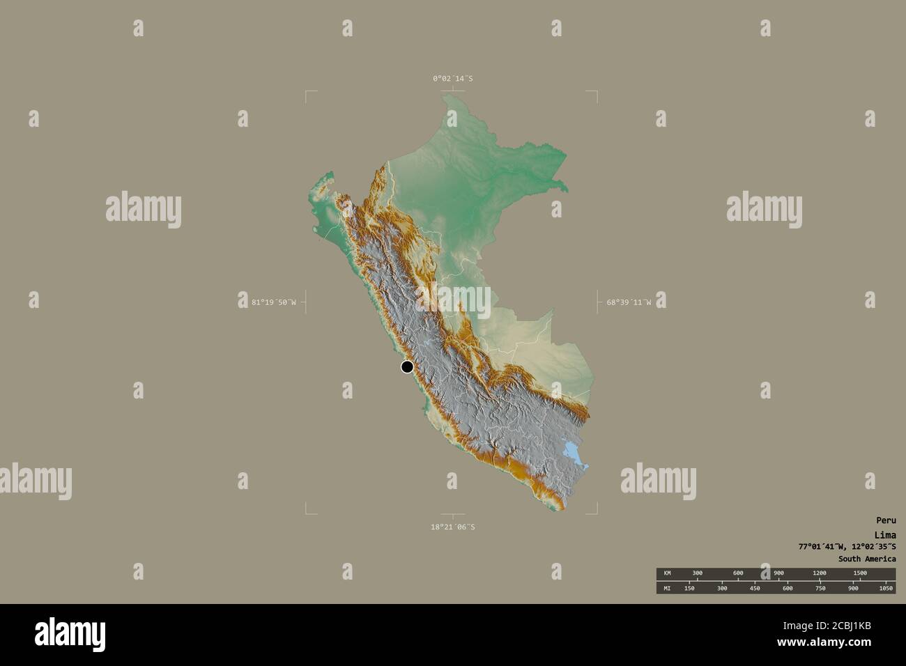 Area of Peru isolated on a solid background in a georeferenced bounding ...