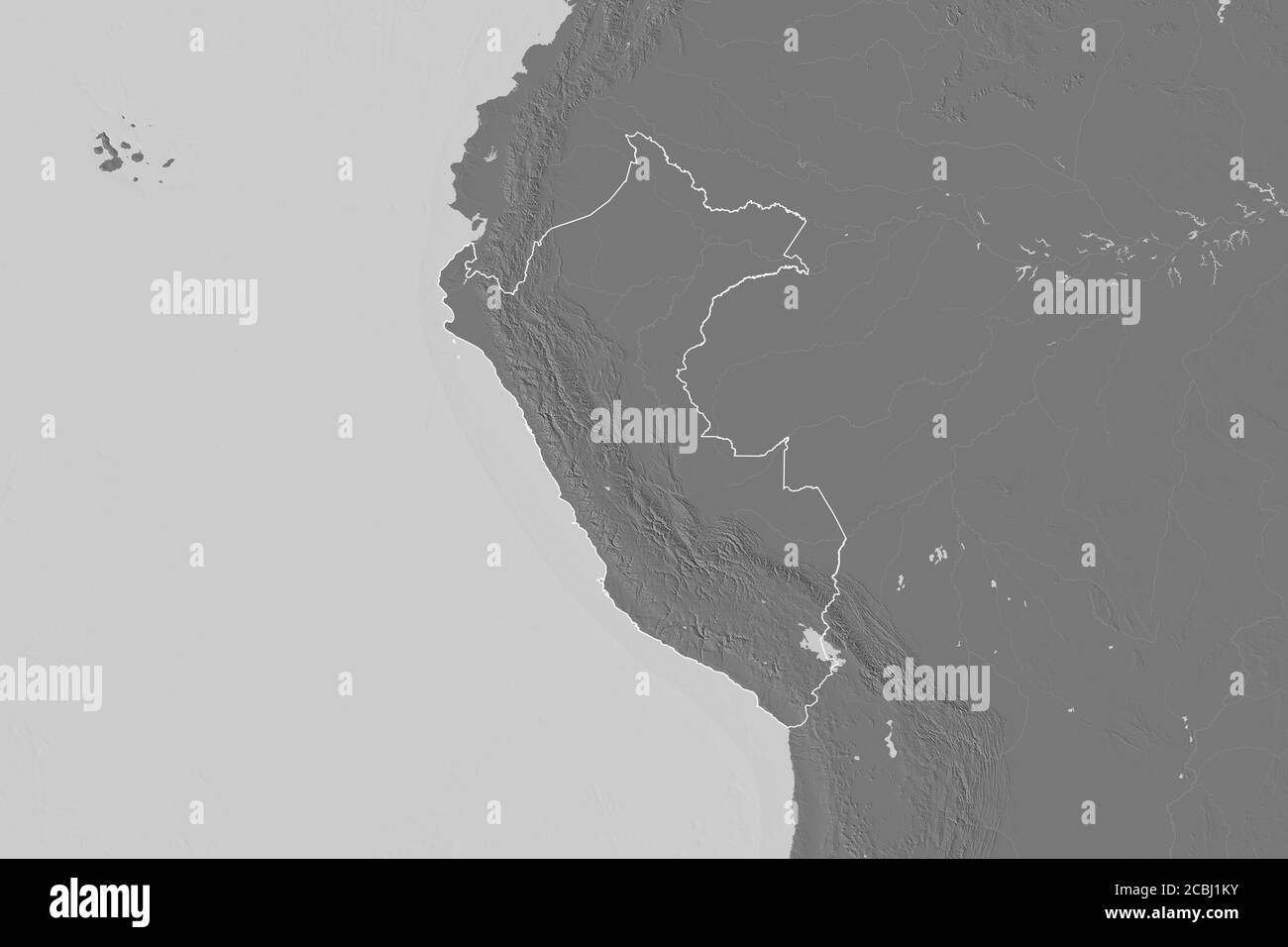 Extended area of outlined Peru. Bilevel elevation map. 3D rendering ...