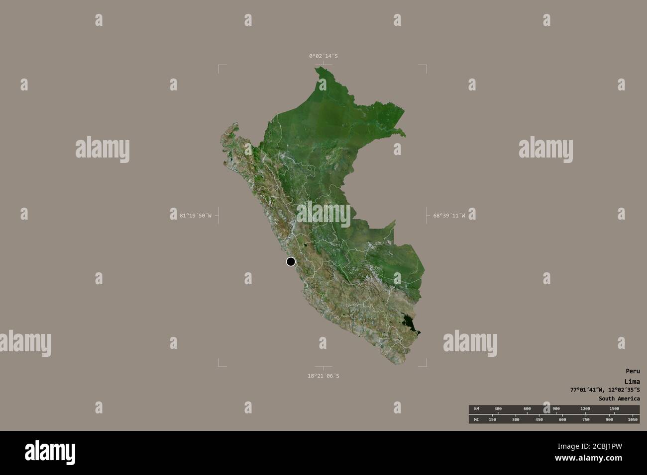 Area of Peru isolated on a solid background in a georeferenced bounding ...