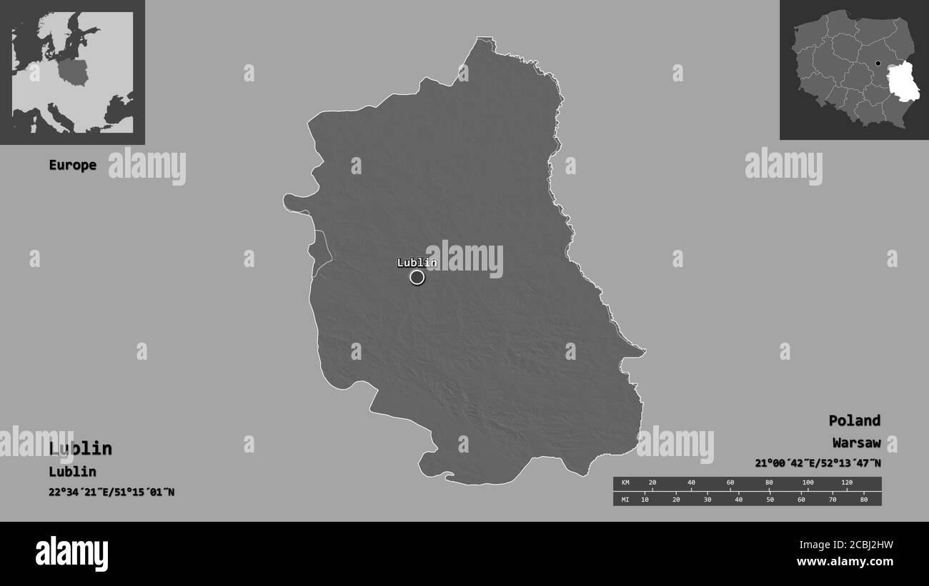 Shape of Lublin, voivodeship of Poland, and its capital. Distance scale ...