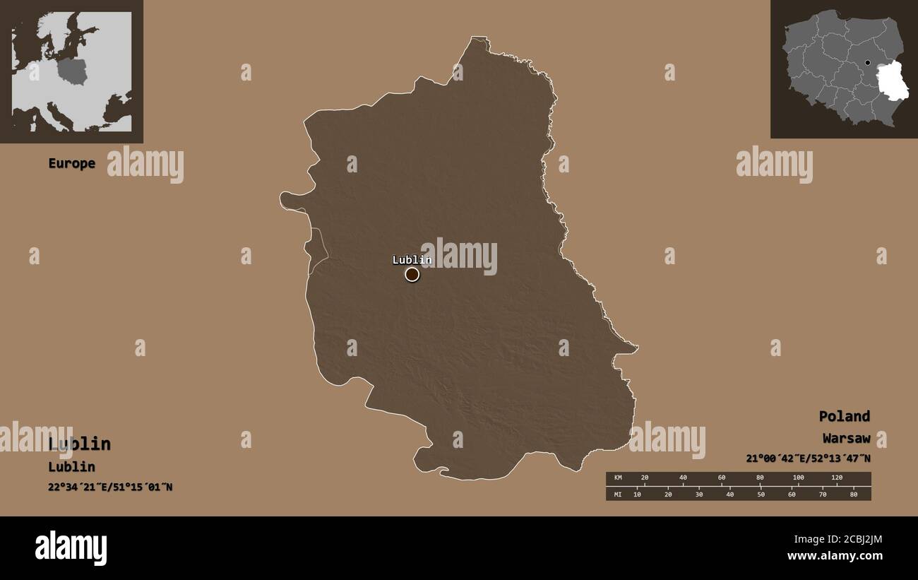 Shape of Lublin, voivodeship of Poland, and its capital. Distance scale ...