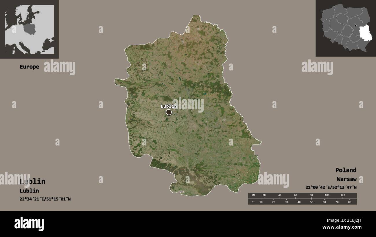 Shape of Lublin, voivodeship of Poland, and its capital. Distance scale ...
