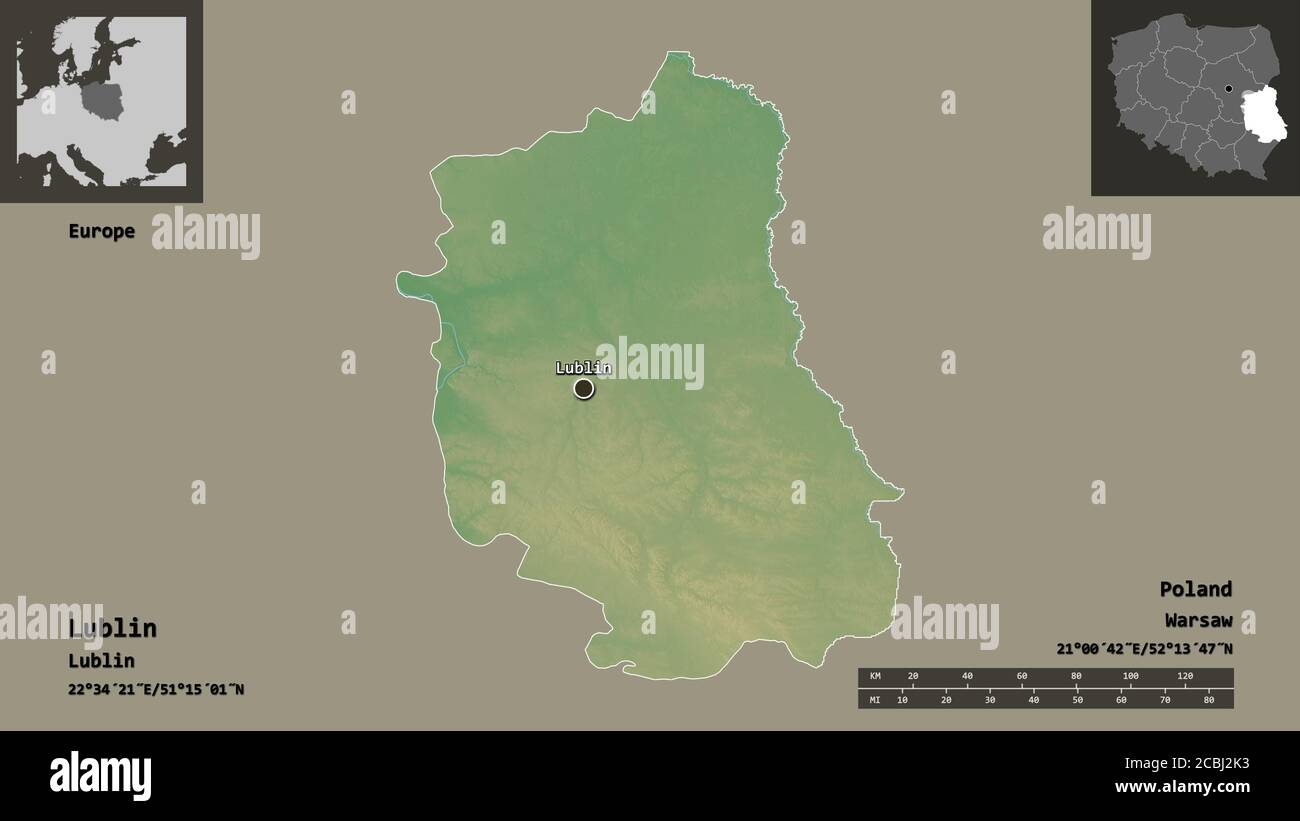 Shape of Lublin, voivodeship of Poland, and its capital. Distance scale ...