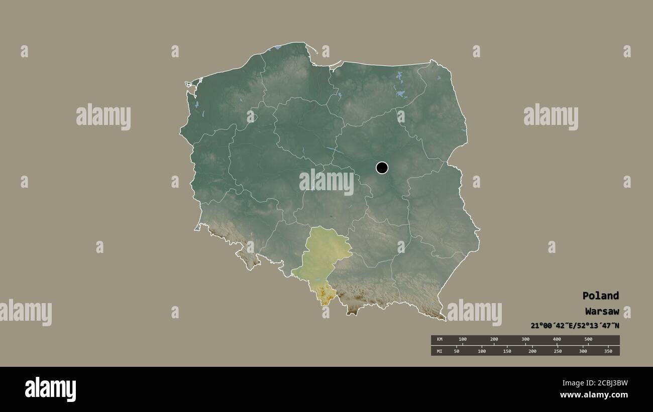 Desaturated shape of Poland with its capital, main regional division ...