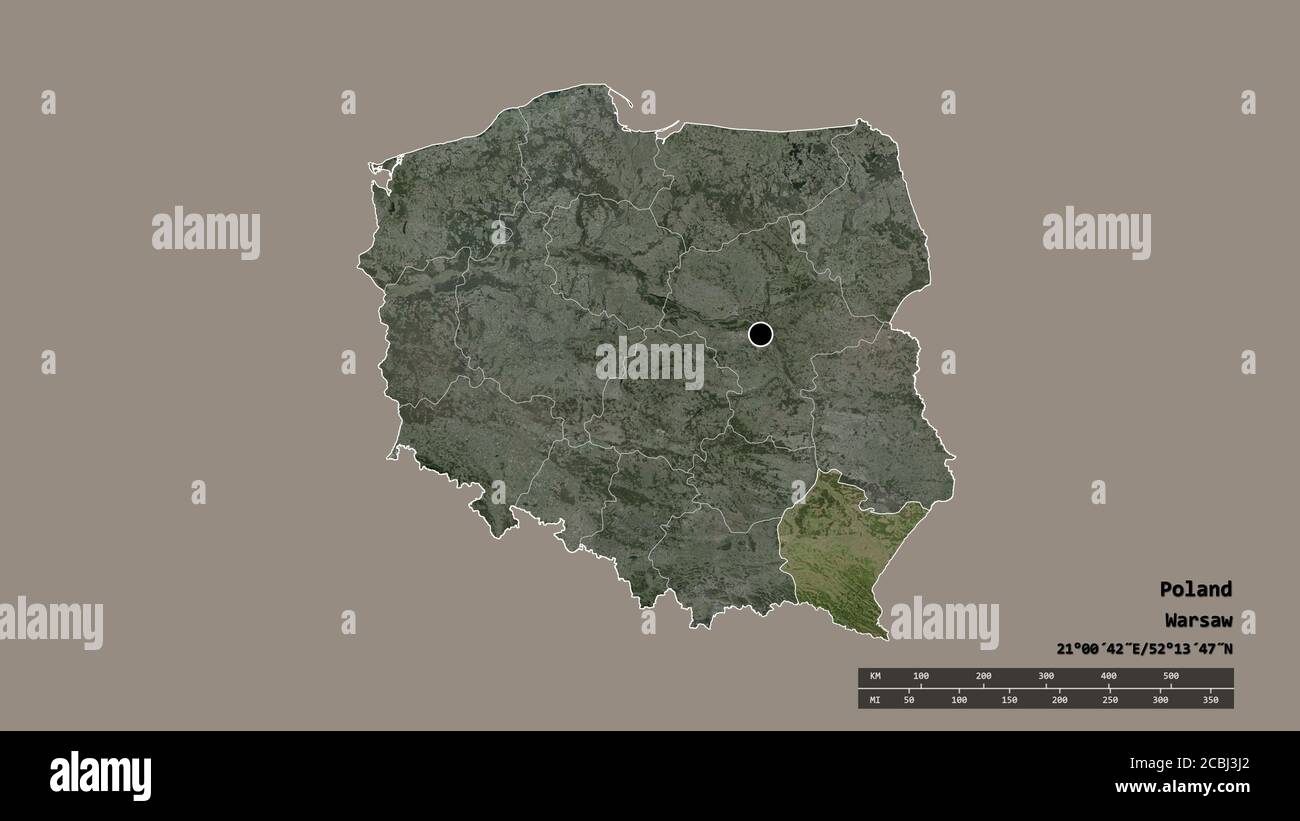 Desaturated shape of Poland with its capital, main regional division ...