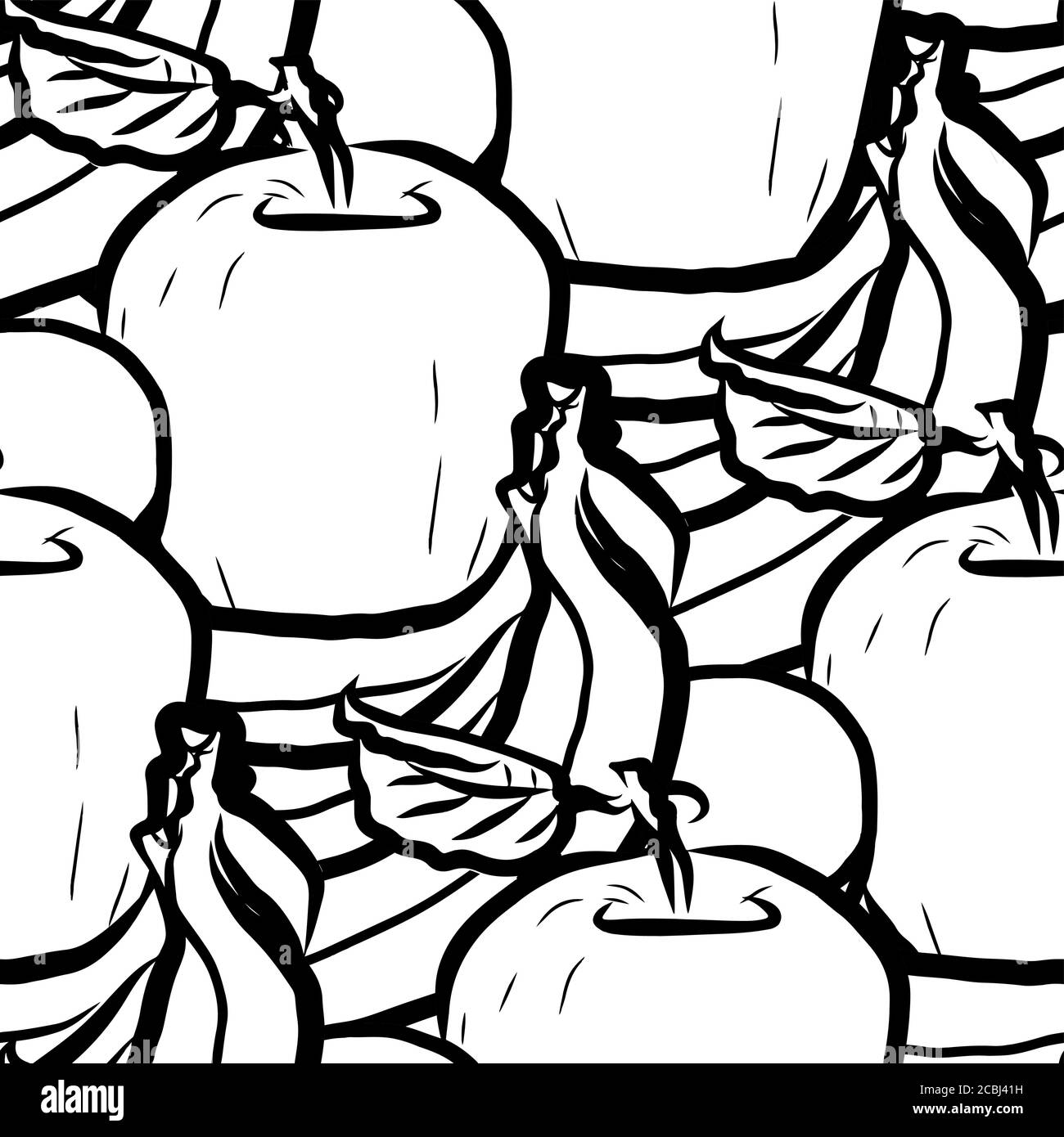 Apples and bananas seamless pattern. Black and white hand drawn ...