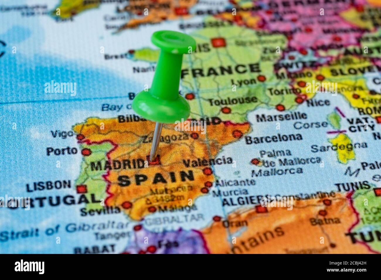 Travel destination marked with push pin in Madrid, Spain Stock Photo ...