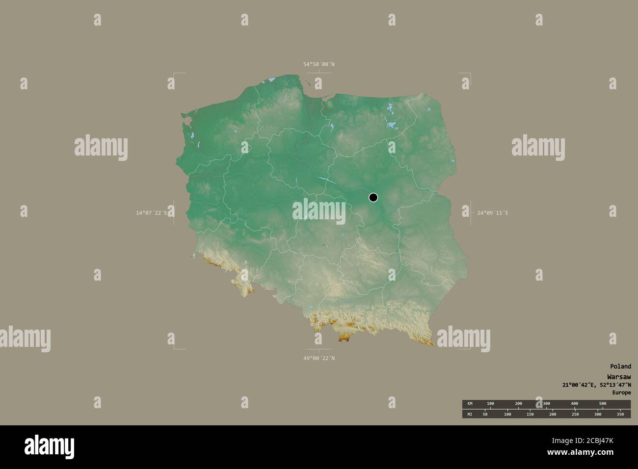 Area of Poland isolated on a solid background in a georeferenced ...