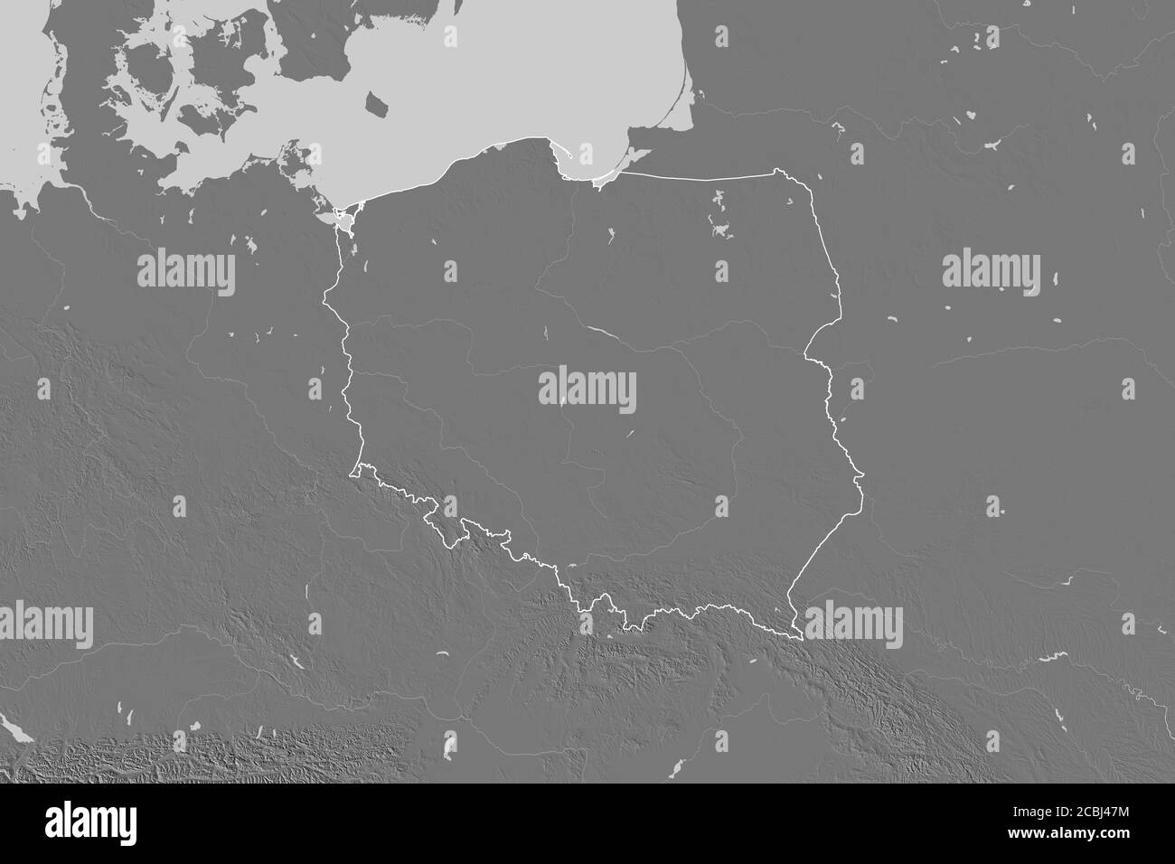 Extended area of outlined Poland. Bilevel elevation map. 3D rendering ...