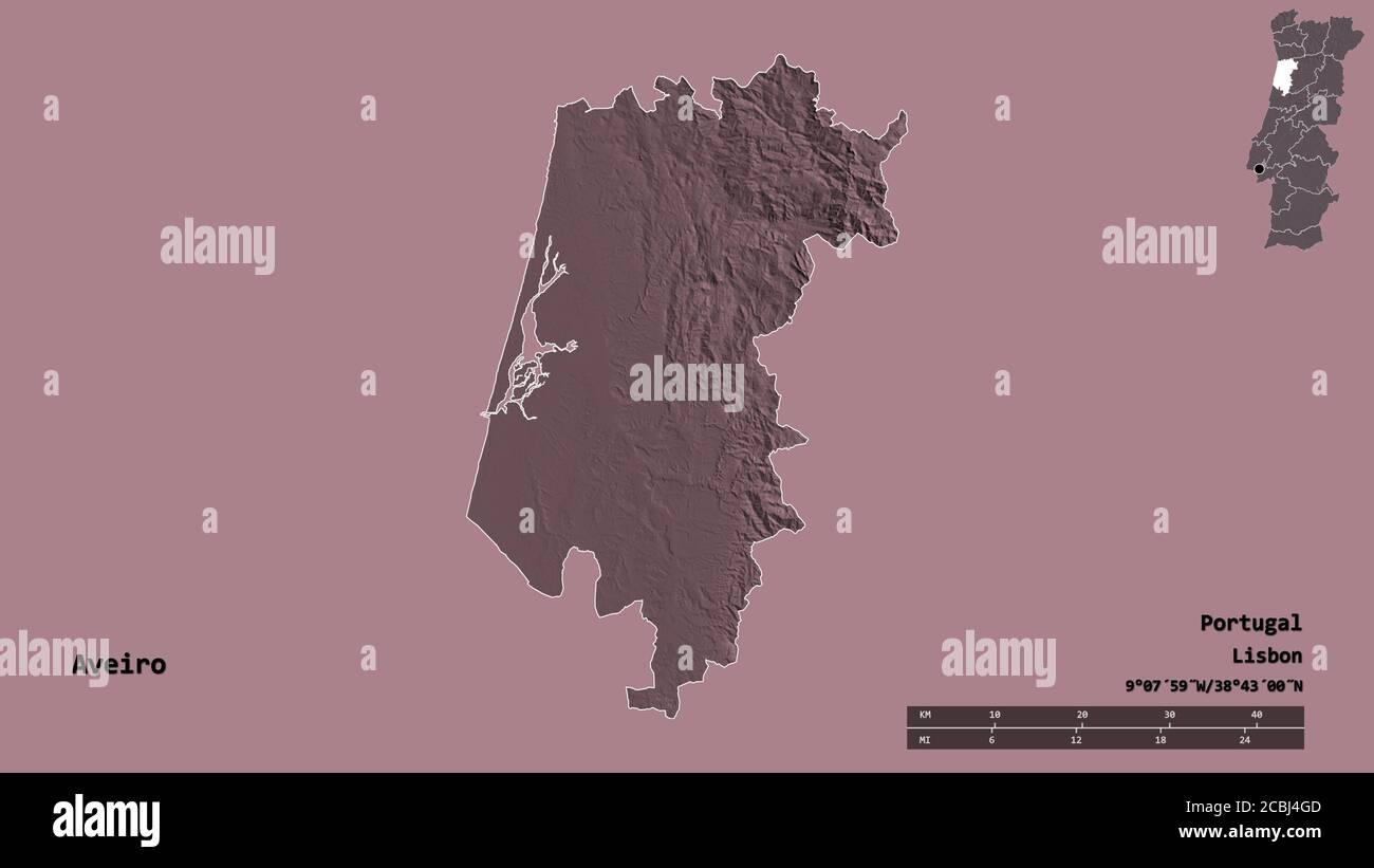 Shape of Aveiro, district of Portugal, with its capital isolated on ...