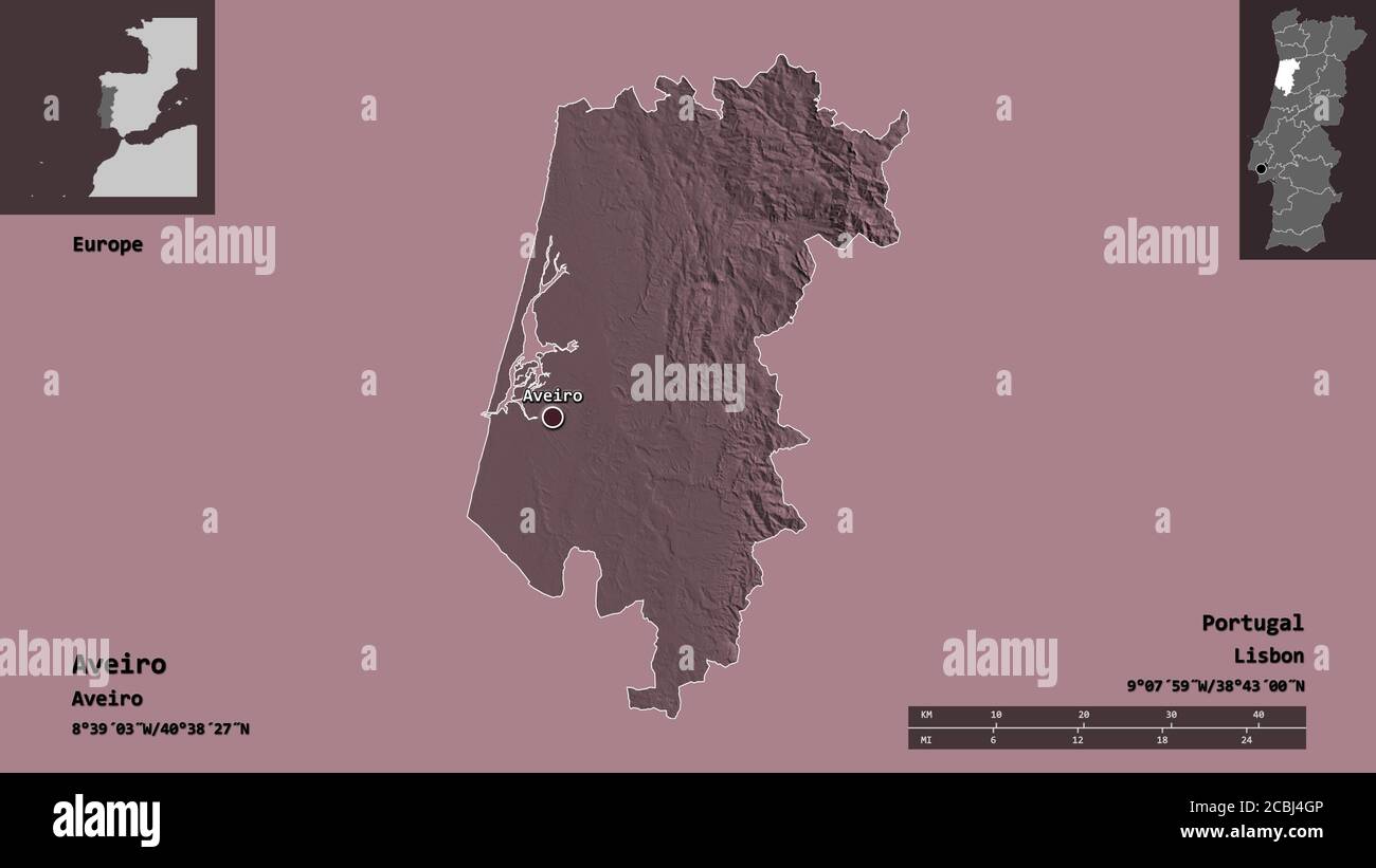 Shape of Aveiro, district of Portugal, and its capital. Distance scale ...