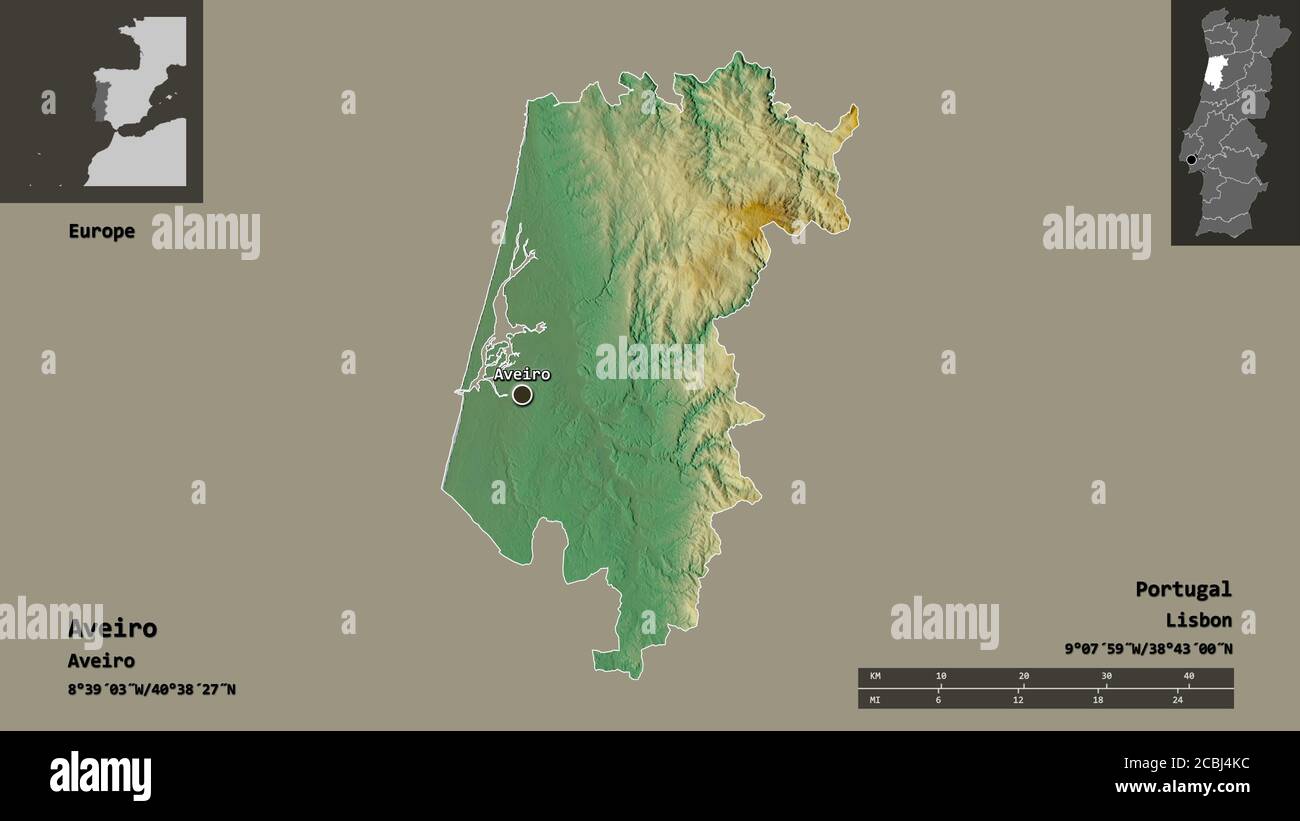 Shape of Aveiro, district of Portugal, and its capital. Distance scale ...