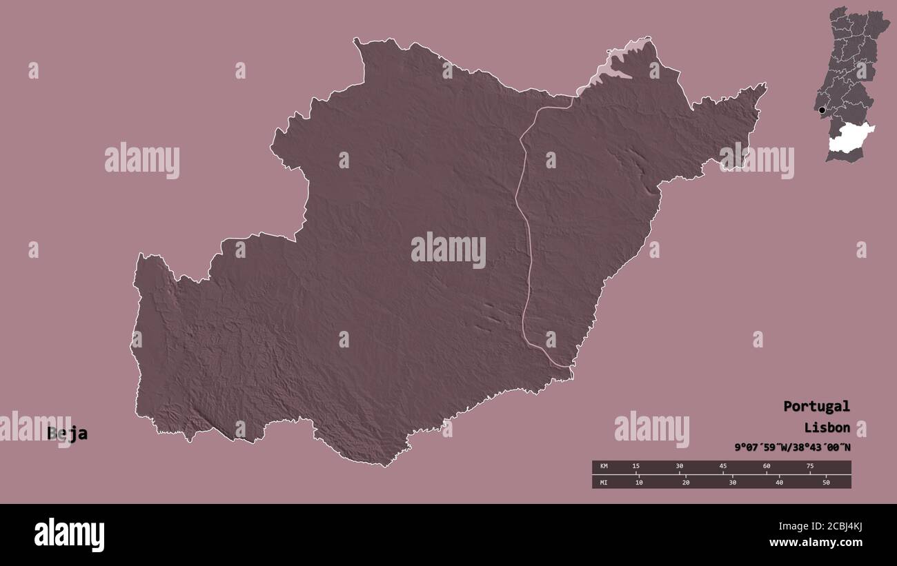 Shape of Beja, district of Portugal, with its capital isolated on solid ...