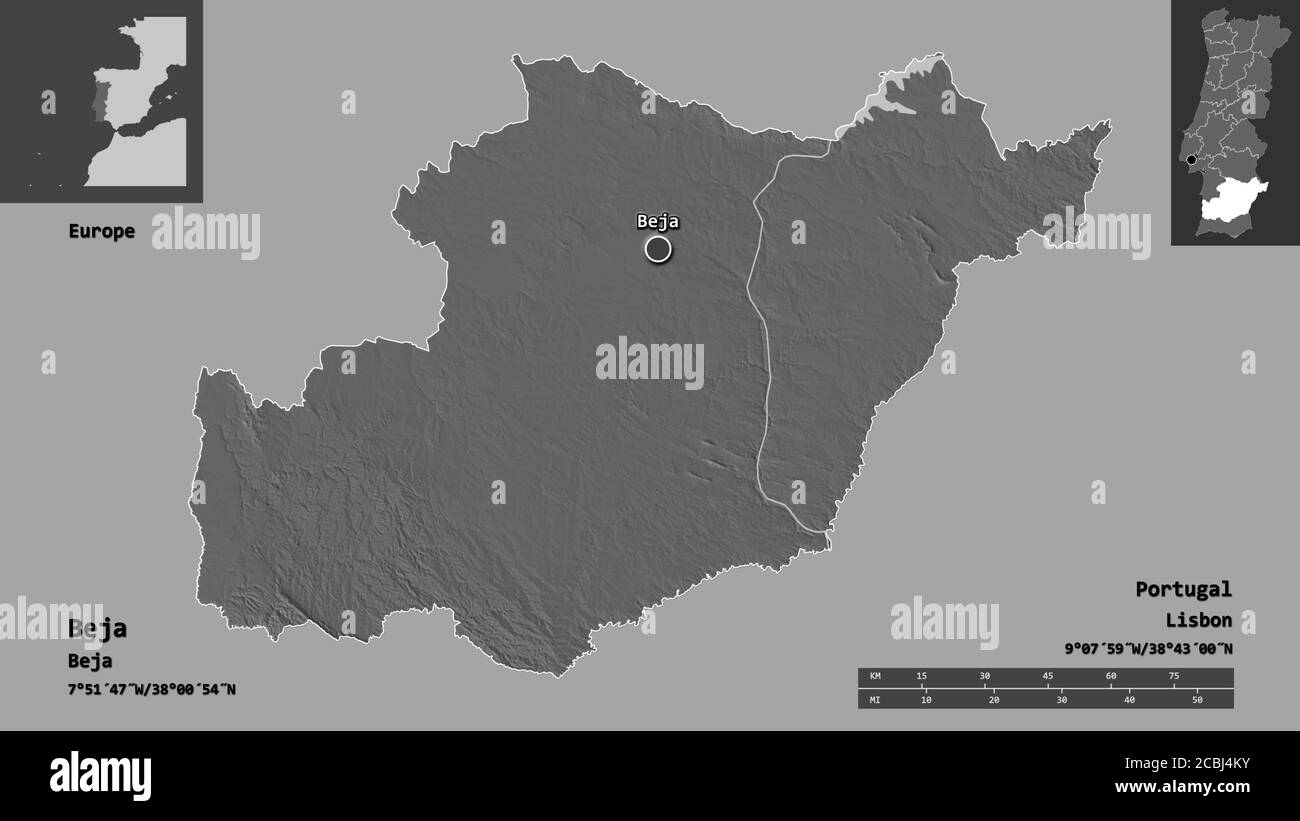 Shape of Beja, district of Portugal, and its capital. Distance scale ...