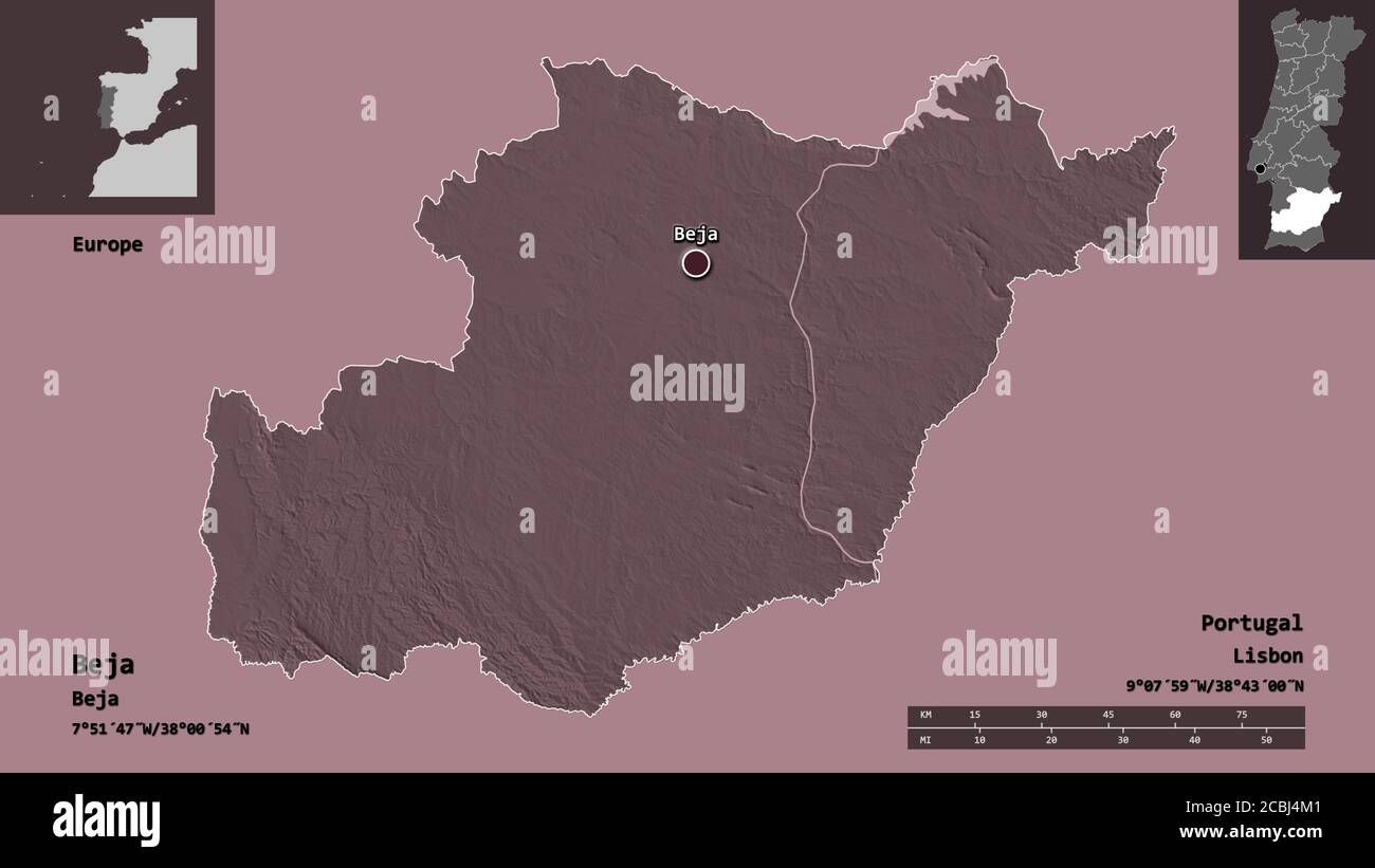 Shape of Beja, district of Portugal, and its capital. Distance scale ...