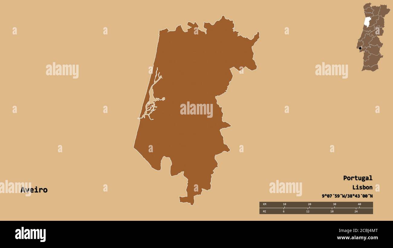 Shape of Aveiro, district of Portugal, with its capital isolated on ...