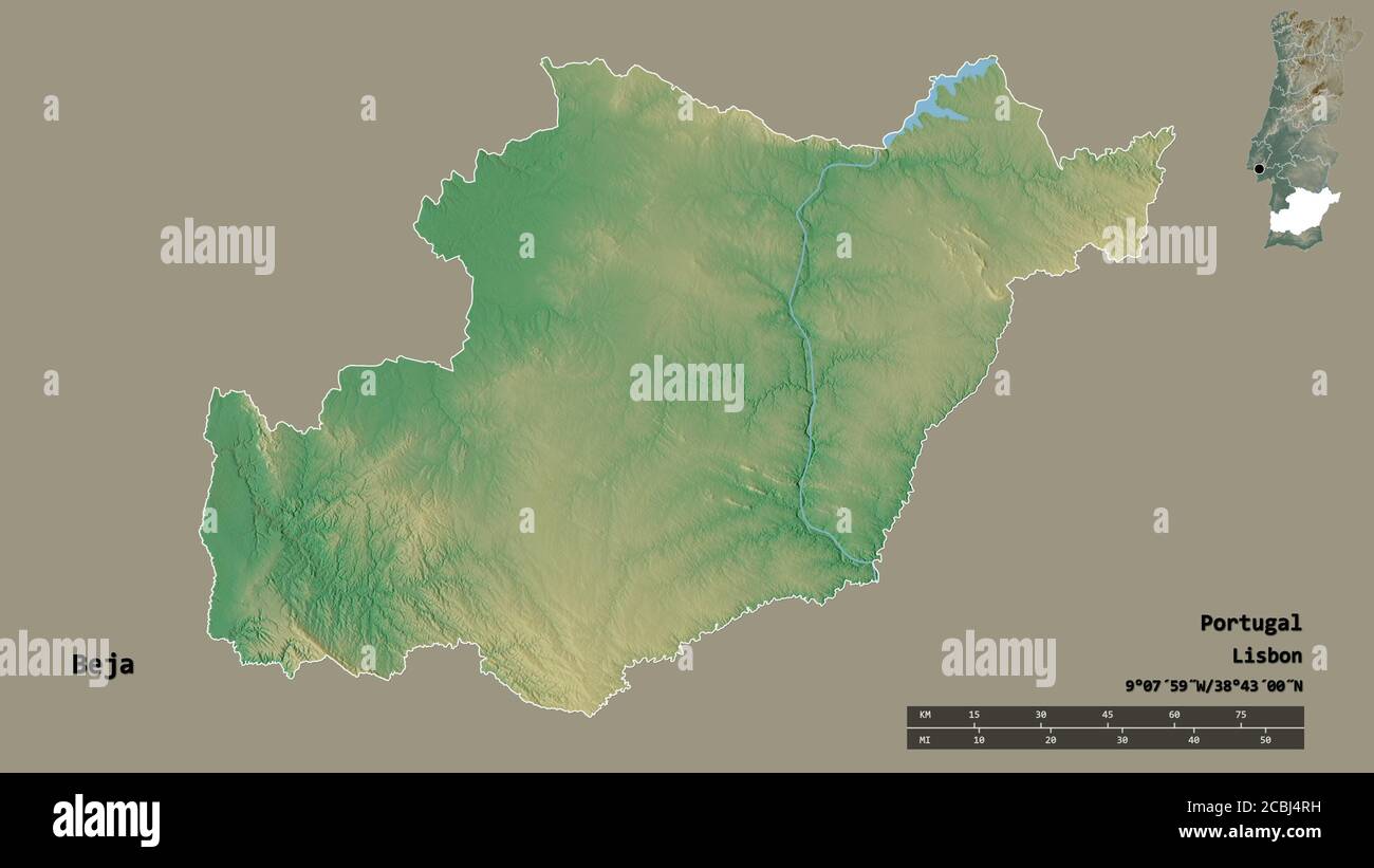 Shape of Beja, district of Portugal, with its capital isolated on solid ...