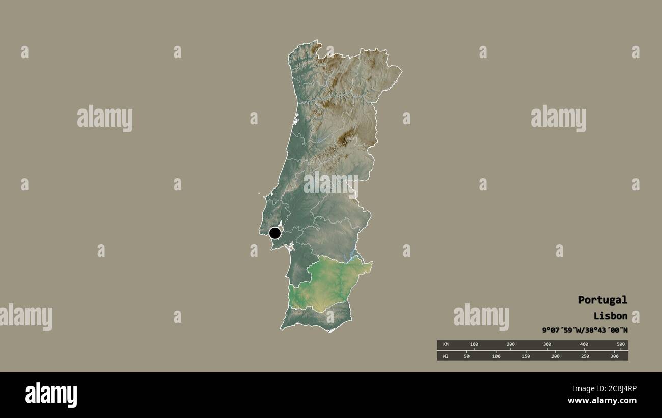 Desaturated shape of Portugal with its capital, main regional division ...