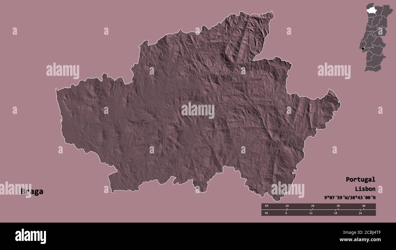 Shape of Braga, district of Portugal, with its capital isolated on ...
