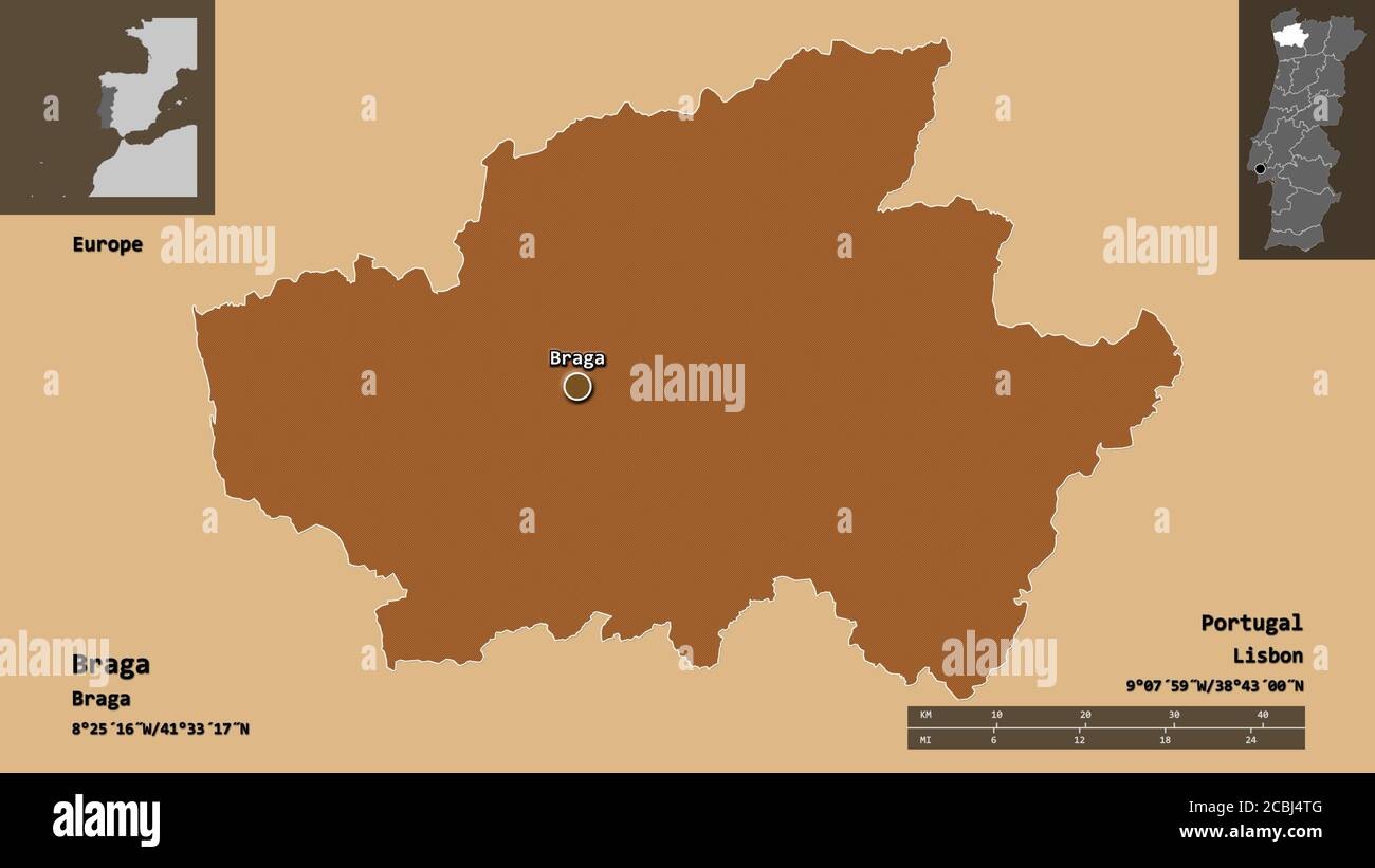 Shape of Braga, district of Portugal, and its capital. Distance scale ...